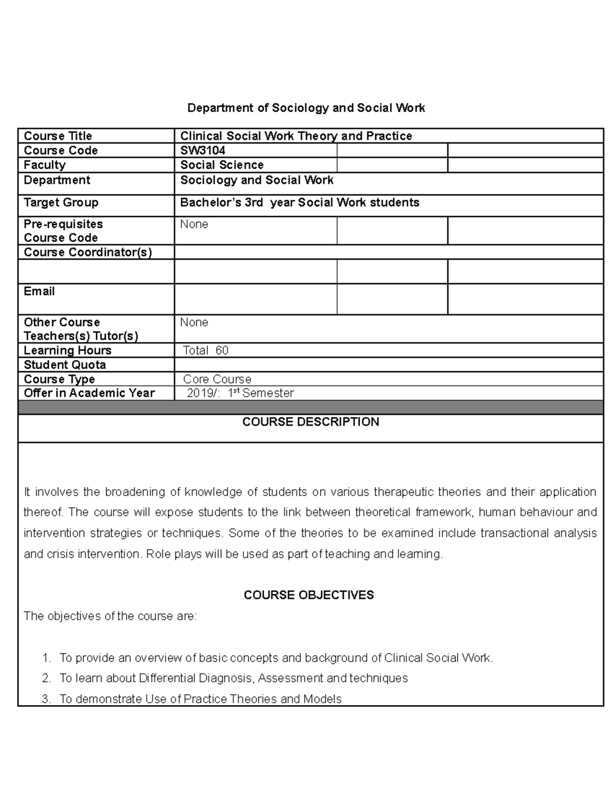 SW3104 Clinical Social Work Theory and Practice - Department of ...