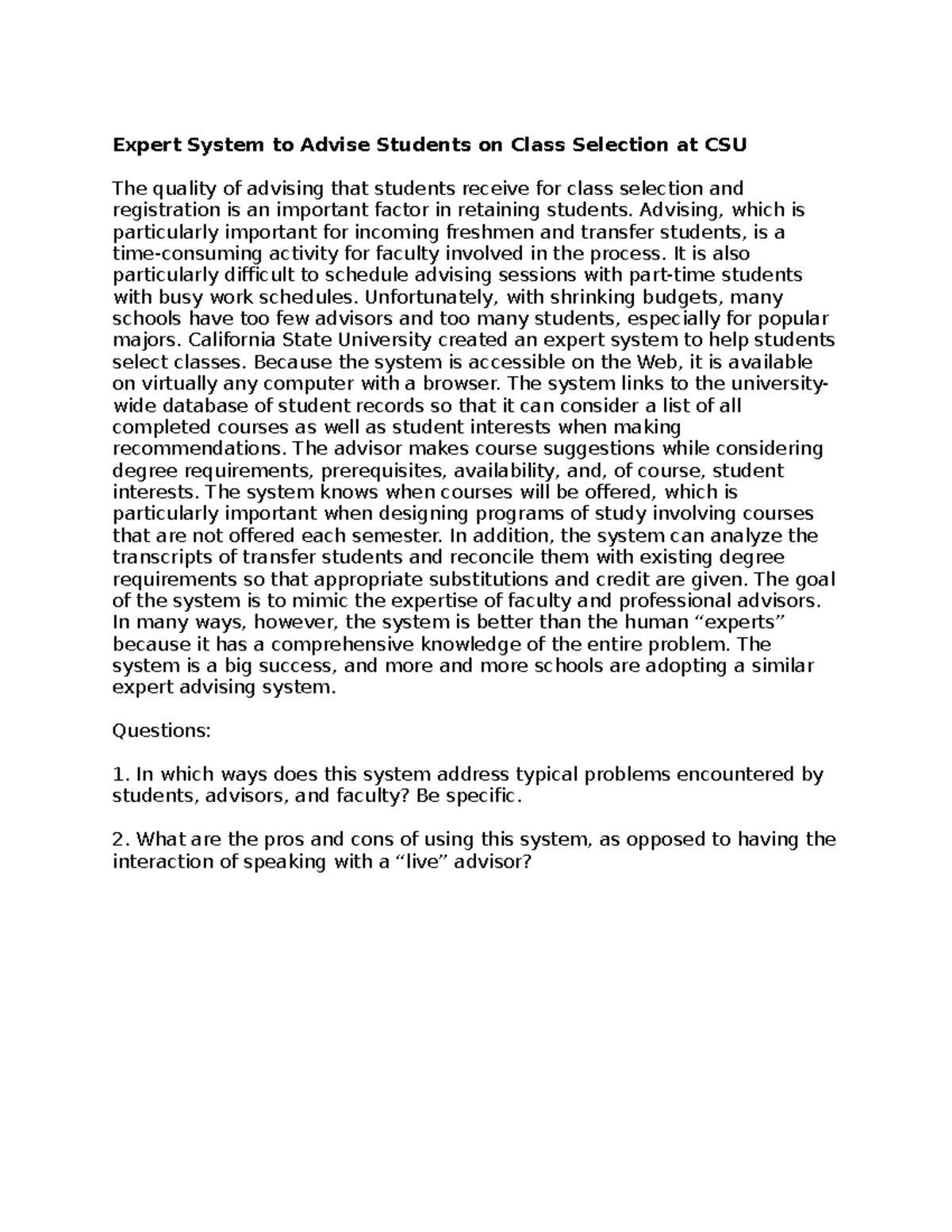 Expert System Case study - Expert System to Advise Students on Class ...