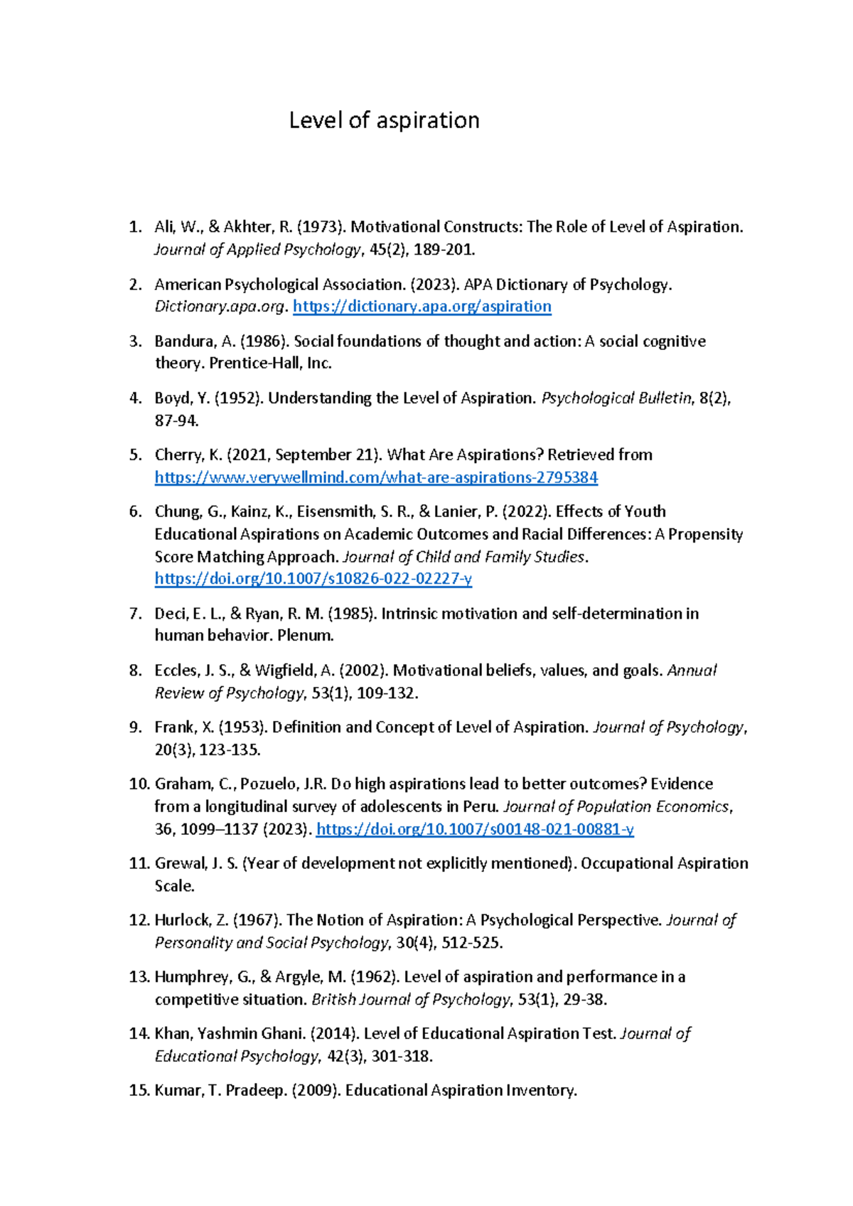 Aspiration reference - Level of aspiration Ali, W., & Akhter, R. (1973 ...