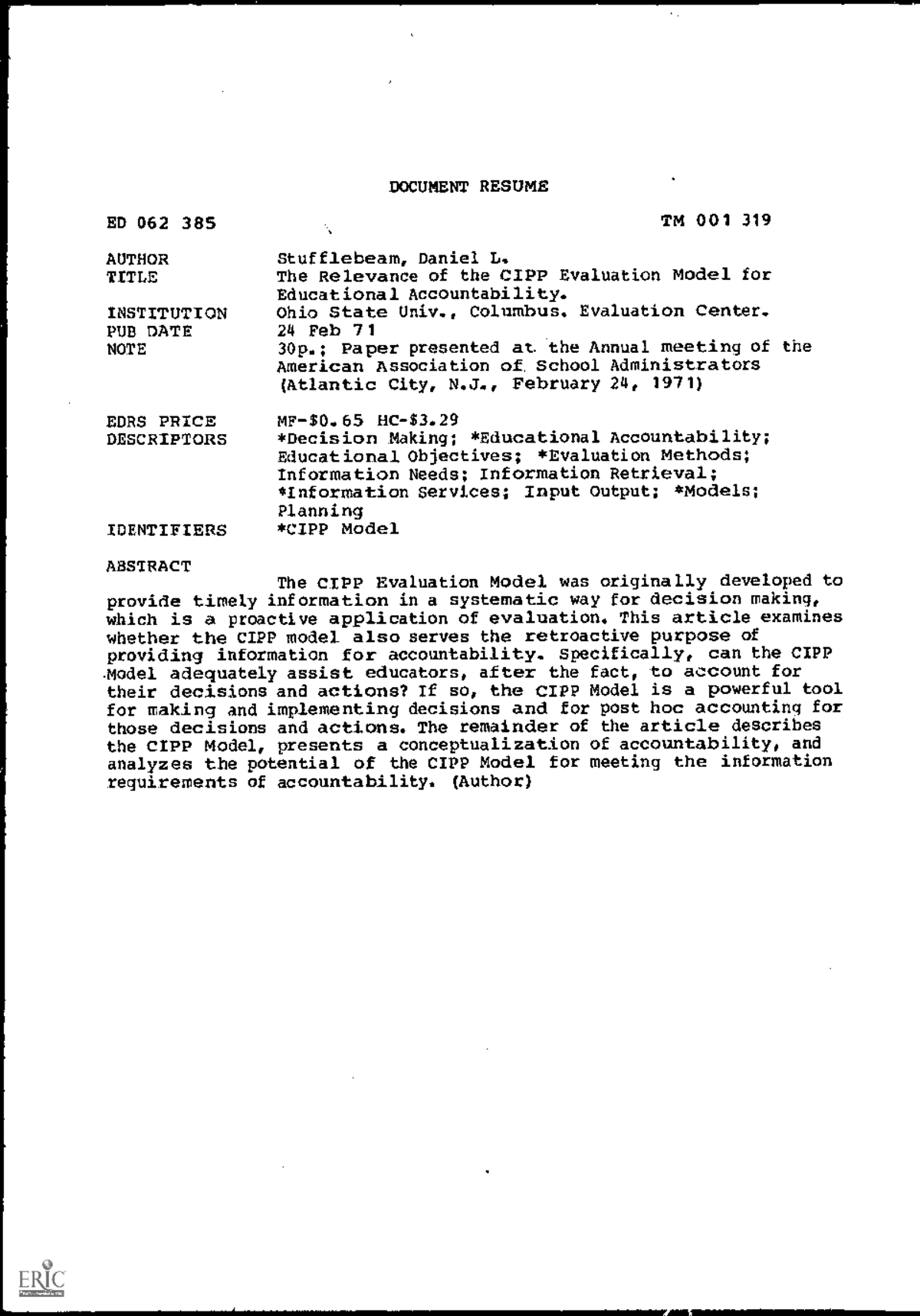 1971 (seminal) - CIPP Evaluation Model - DOCUMENT RESUME ED 062 385 TM ...