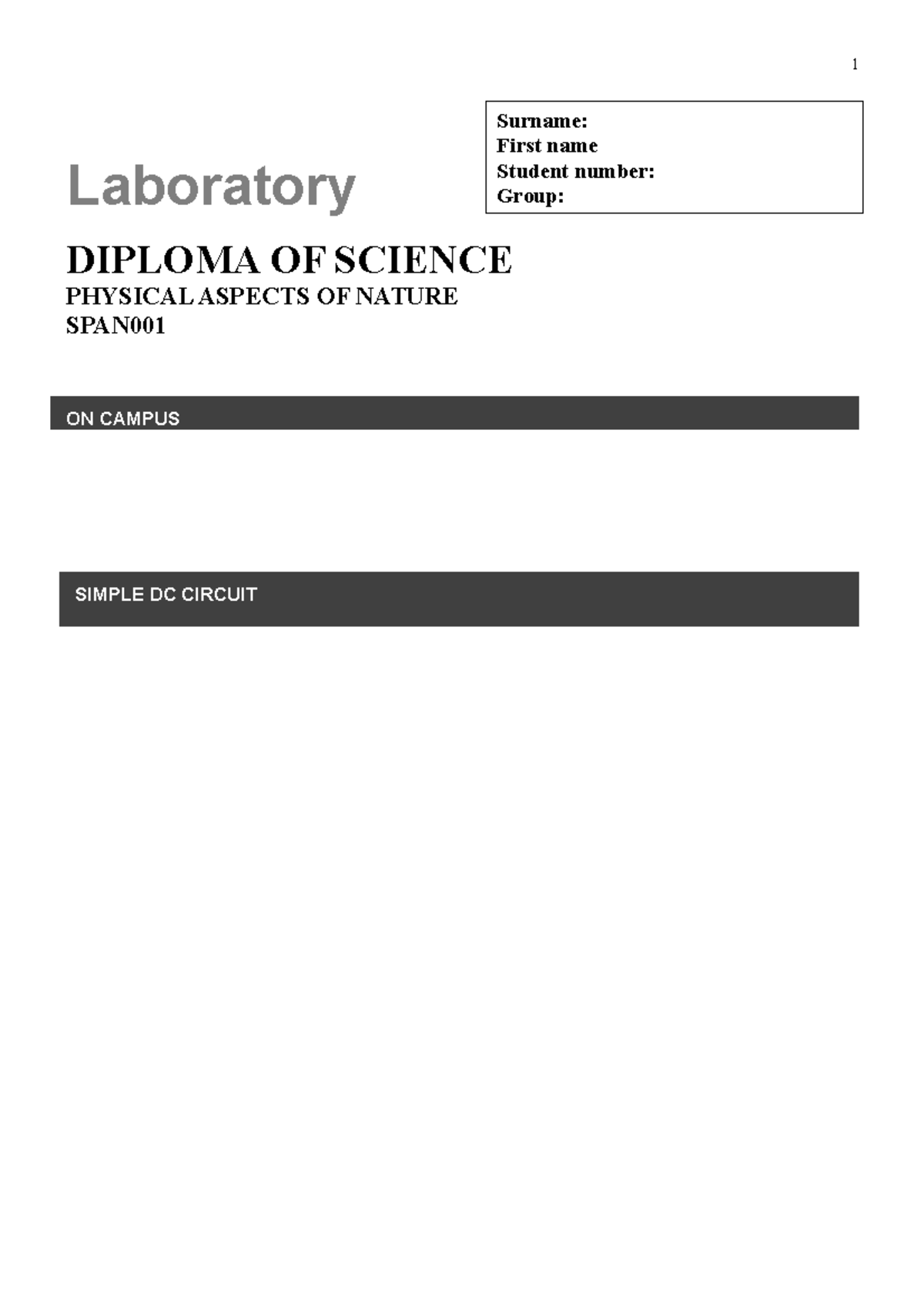 Simple DC Circuit - dont know - Laboratory DIPLOMA OF SCIENCE PHYSICAL ...