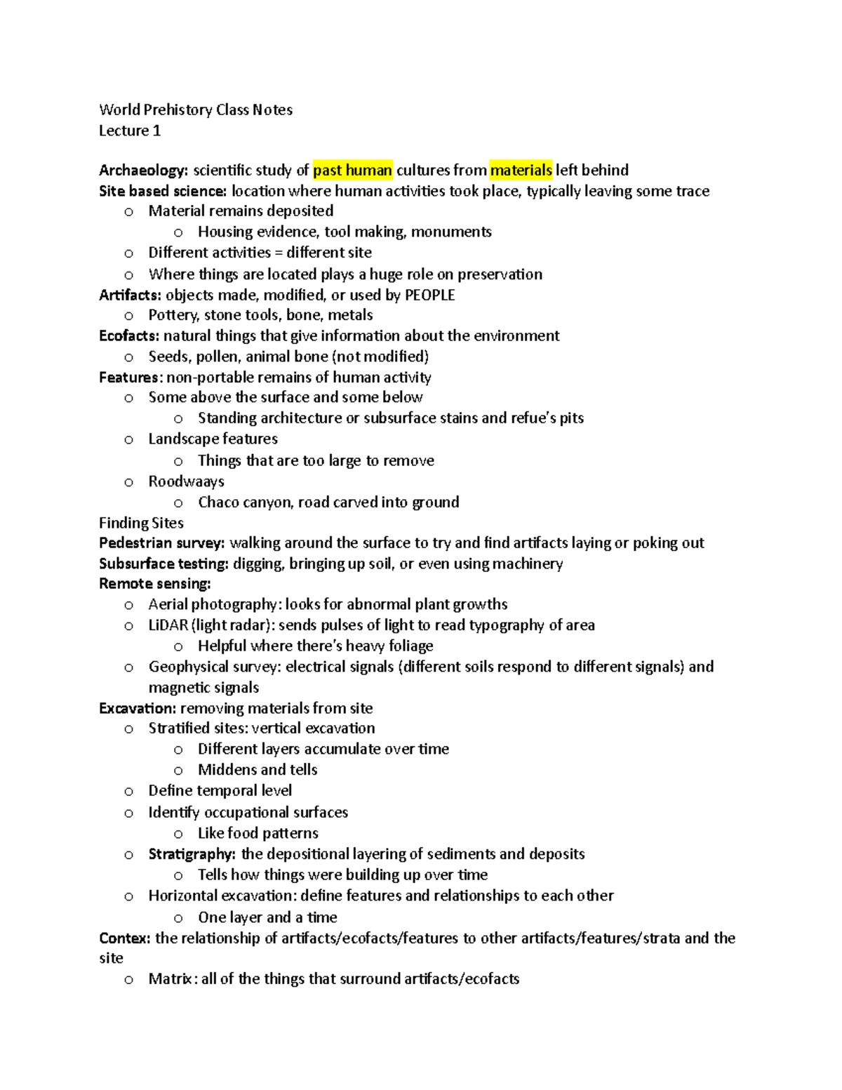 Intro to Archaeology Lecture 1 - World Prehistory Class Notes Lecture 1 ...