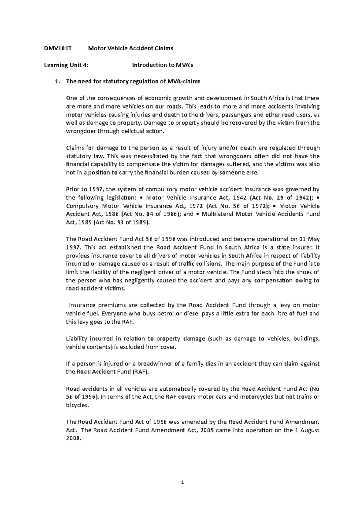 MVA-notes 2018 - Including RABS - DMV101T Motor Vehicle Accident Claims ...