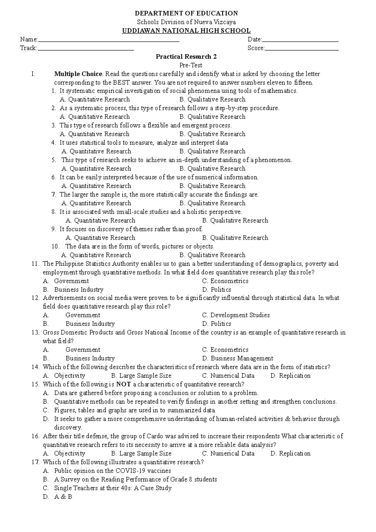 PR2-Pretest - pre test in research - DEPARTMENT OF EDUCATION Schools ...