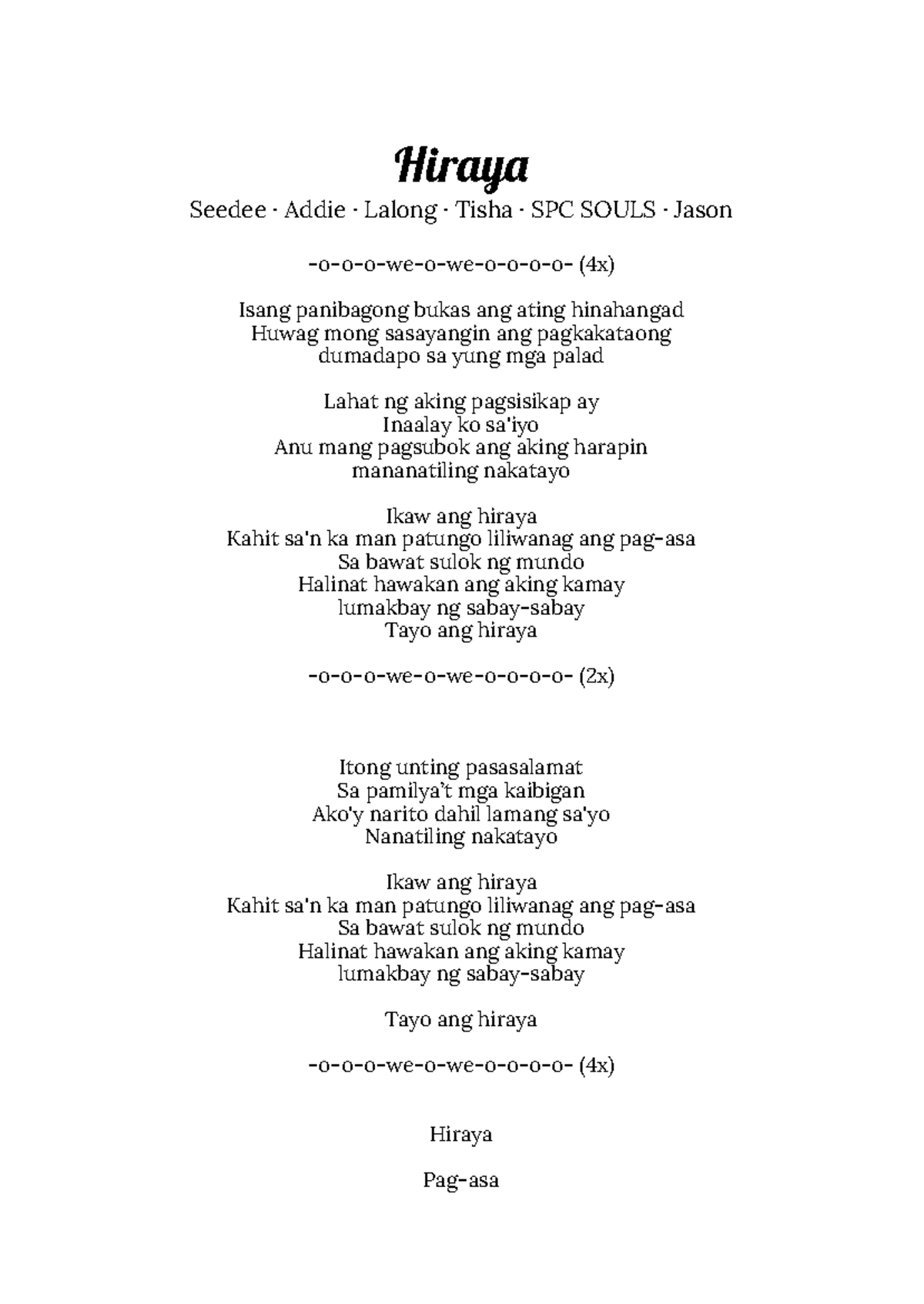 LYRICS for song 2024 - Hiray Seedee · Addie · Lalong · Tisha · SPC ...