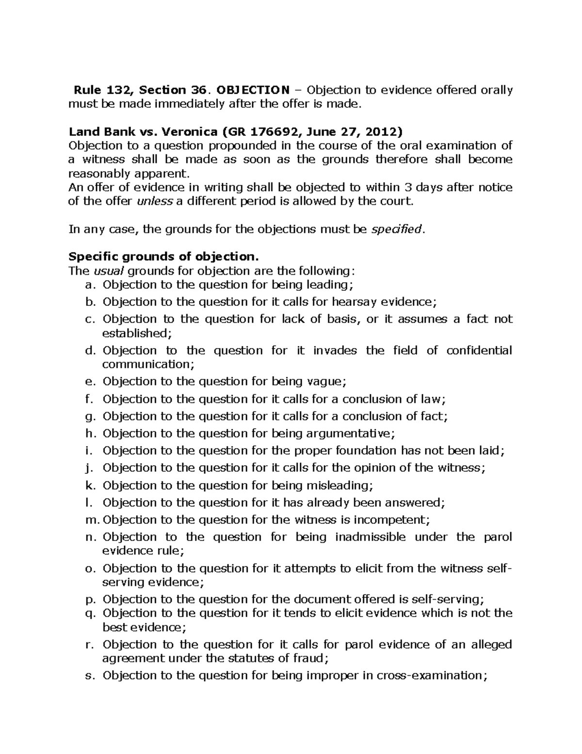 Specific Grounds for Objection - Rule 132, Section 36. OBJECTION ...