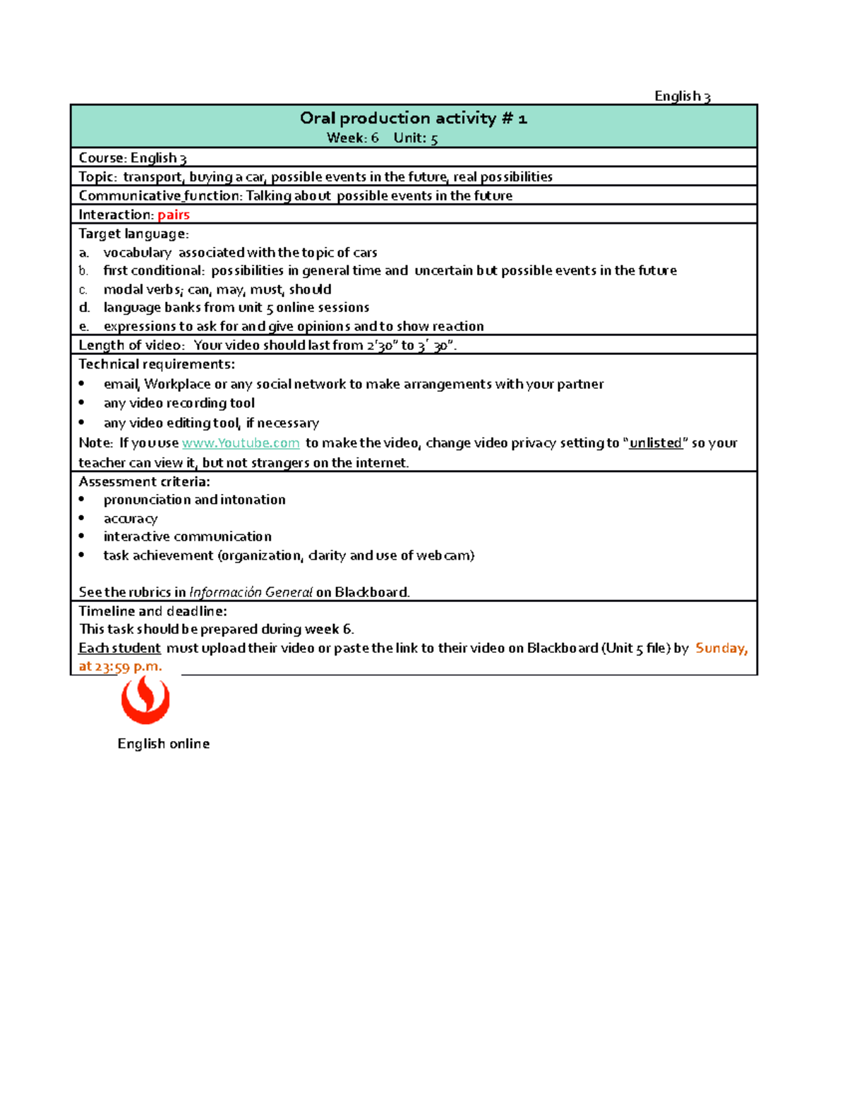 E3 OPA # 1 UNIT 5 Pairs - English - English 3 Oral production activity ...