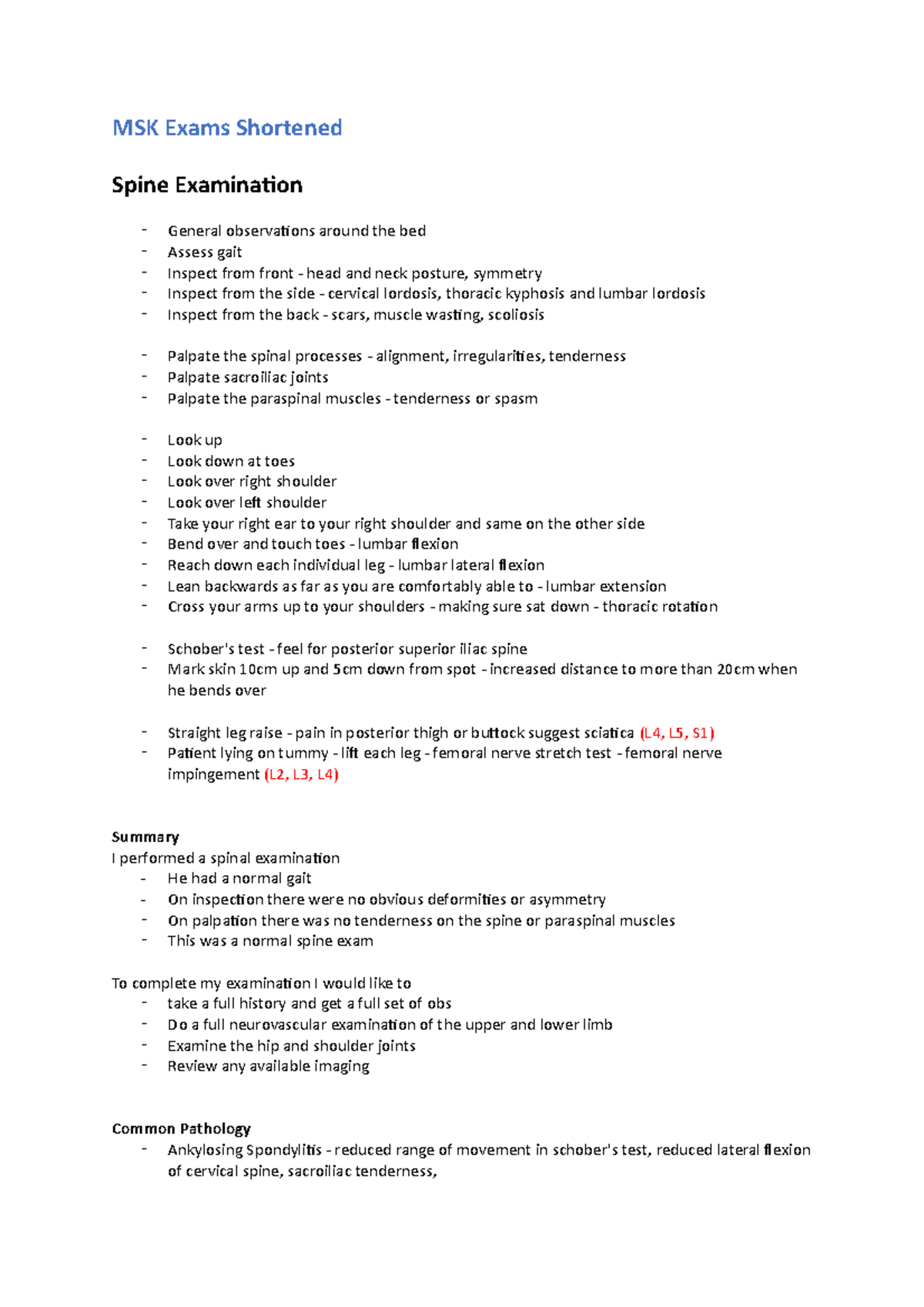 MSK Exams Shortened - Year 4 - MSK Exams Shortened Spine Examination ...