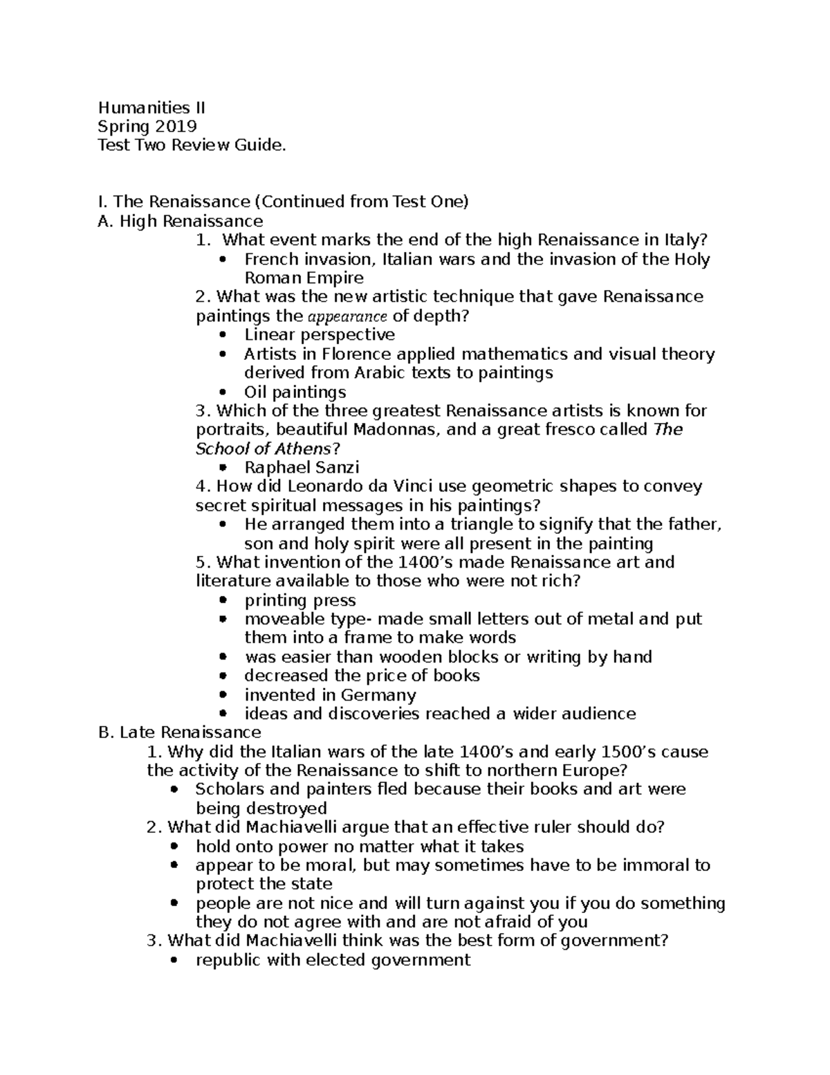 Exam 2 Study Guide - Humanities II Spring 2019 Test Two Review Guide. I ...