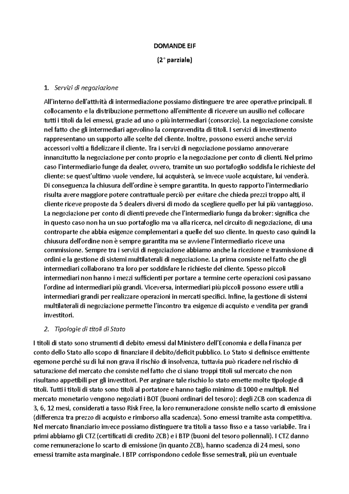 Domande e risposte di Economia Intermediari Finanziari (secondo parziale) - DOMANDE EIF (2 ...