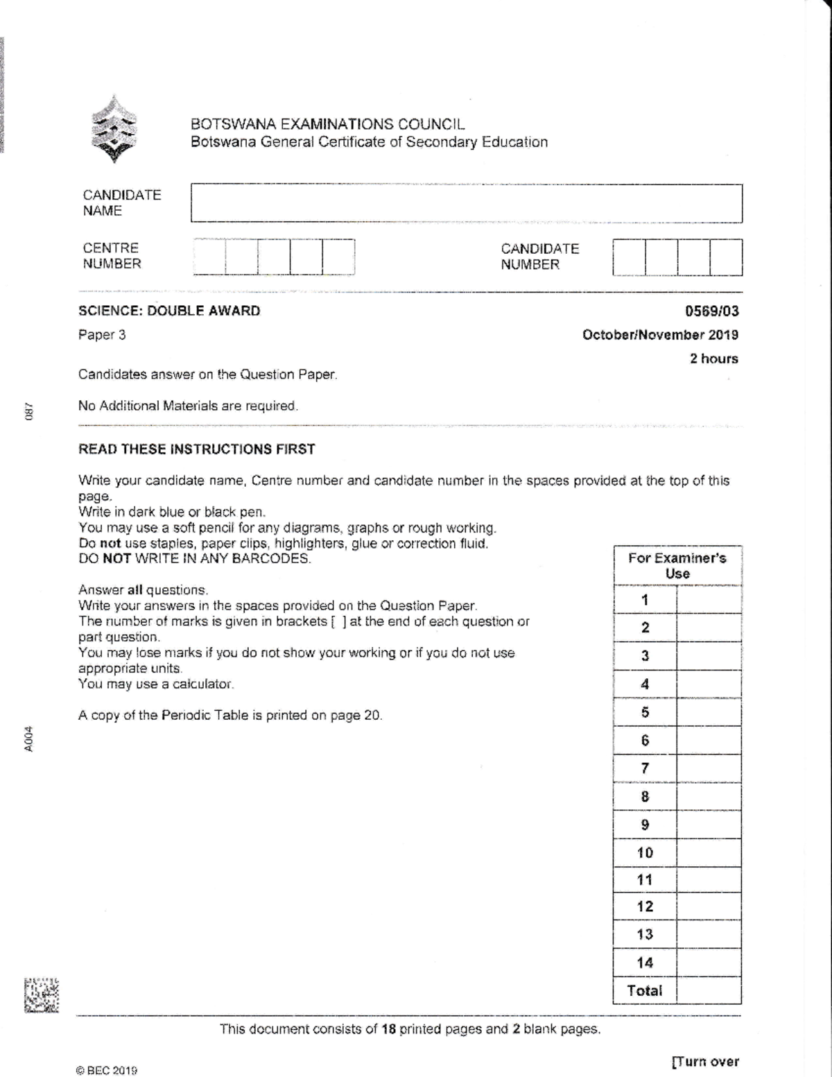 Bgcse SDA Paper 3 2019 - Test - BOTSWANA EXAMI NATI ONS COU NCI L ...