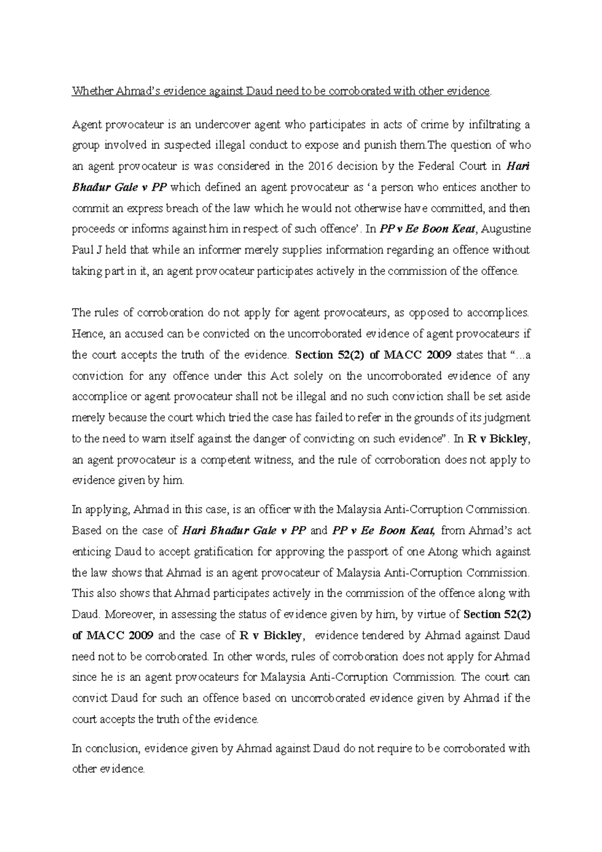 Tuto witness - tutorial Qs - Whether Ahmad’s evidence against Daud need ...