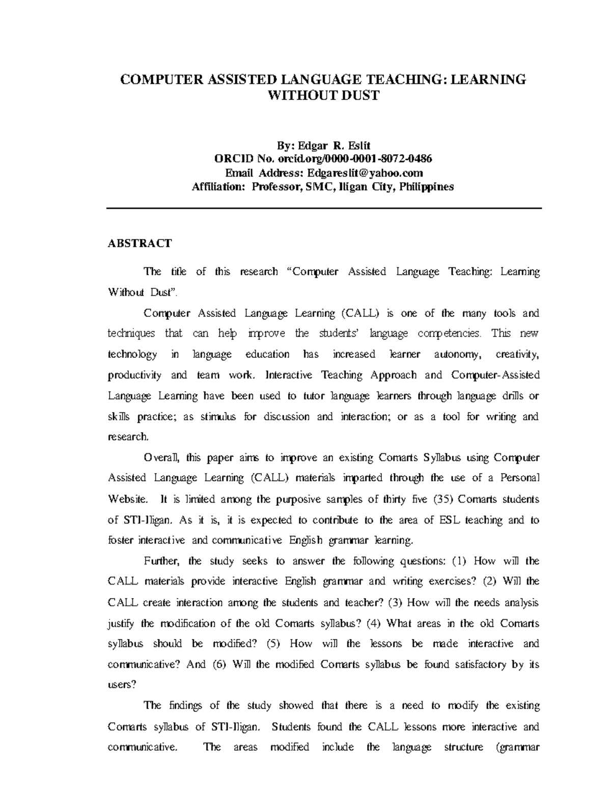 Computer Assisted Language Teaching LEAR - COMPUTER ASSISTED LANGUAGE ...