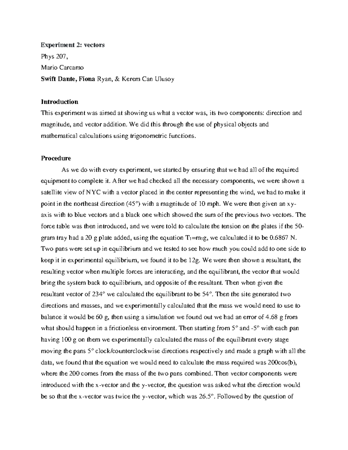 lab report Experiment 2 vectors - Experiment 2: vectors Phys 207, Mario ...