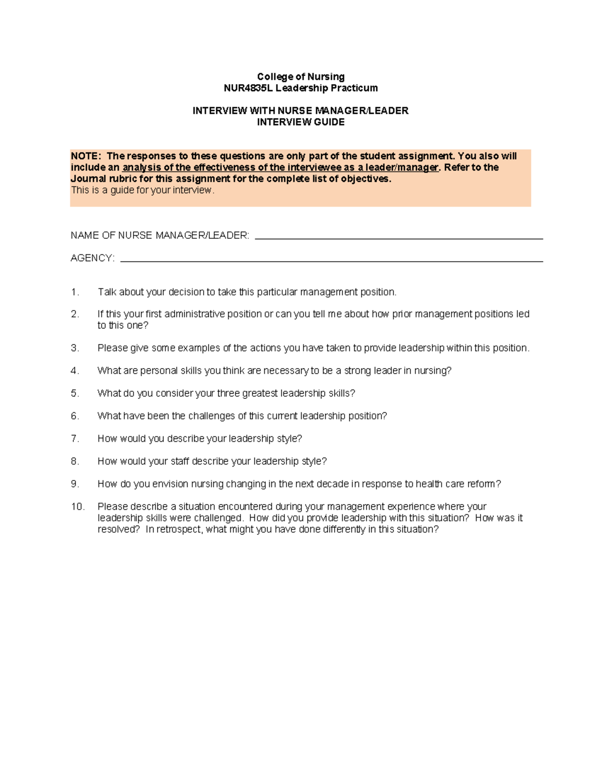 Interview Guideline - As attached - College of Nursing NUR4835L ...
