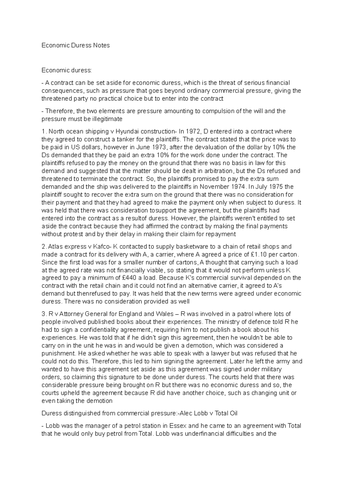Economic Duress Notes - Economic Duress Notes Economic duress: A ...
