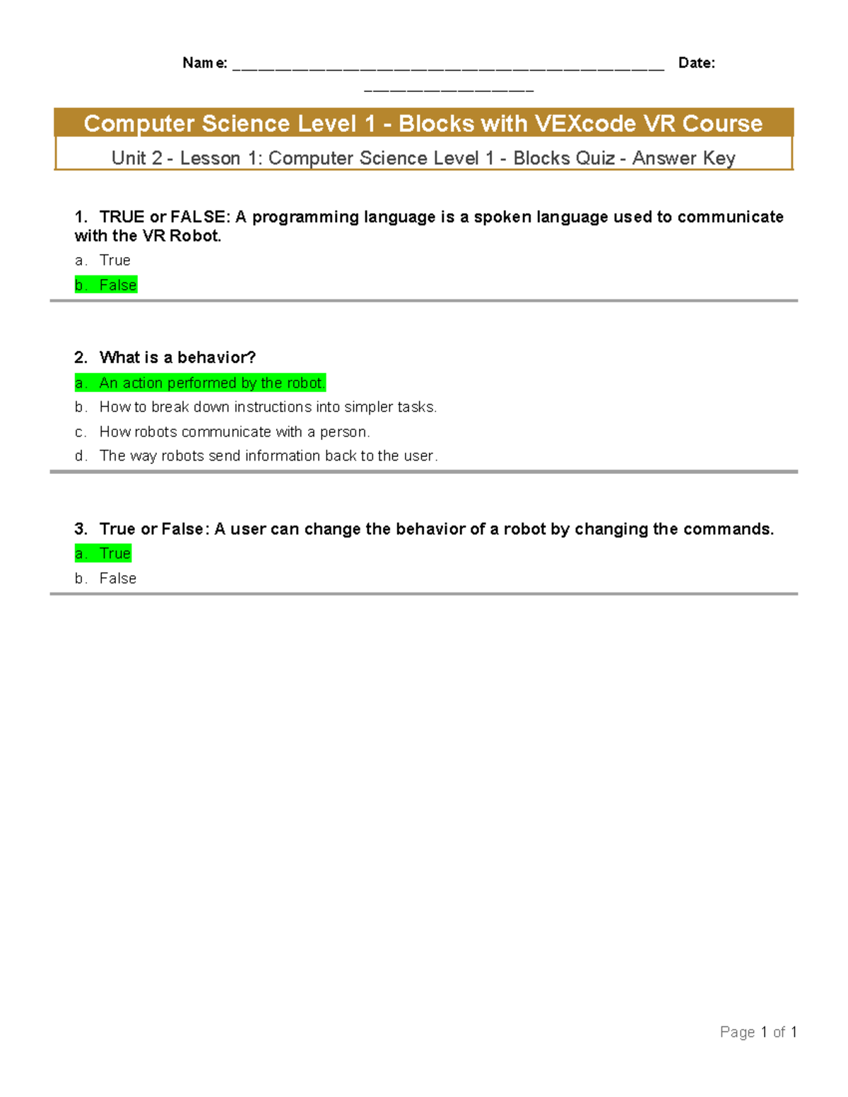Unit 2 - Lesson 1 Computer Science Fundamentals Quiz - Answer Key ...