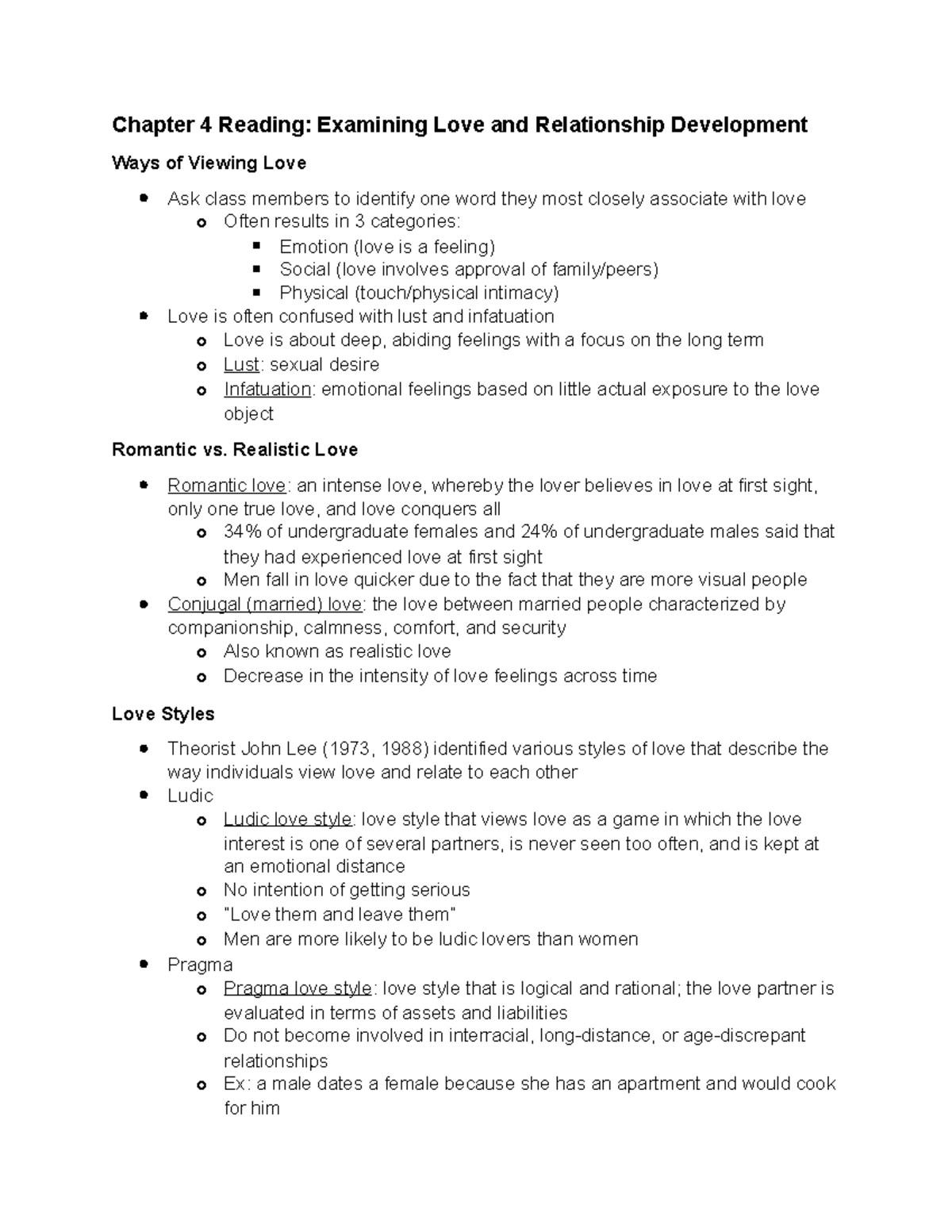 Chapter 4 Reading Notes - Chapter 4 Reading: Examining Love and ...