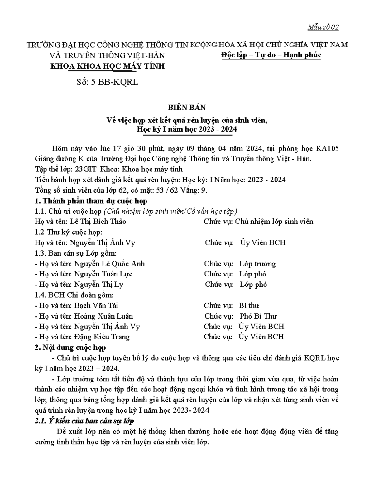 Bien Ban DGRL 23GIT HKI 2023-2024 - Mẫu số 02 TRƯỜNG ĐẠI HỌC CÔNG NGHỆ ...