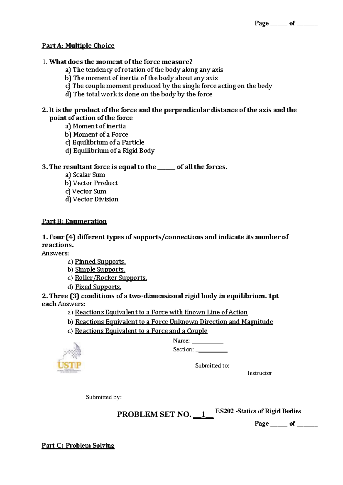 Statistic Of Rigid Bodies Sample - Page _____ of ______ Part A ...