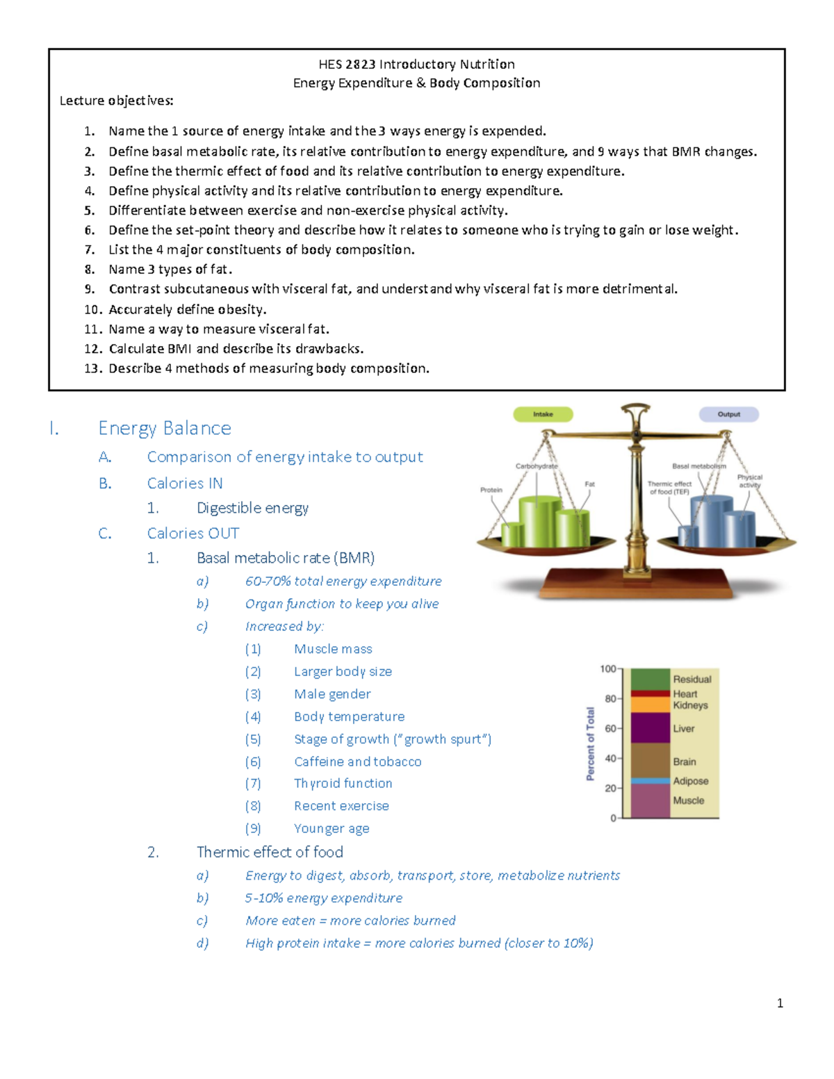 Energy Expenditure and Body Composition lecture notes - 1 I. Energy ...