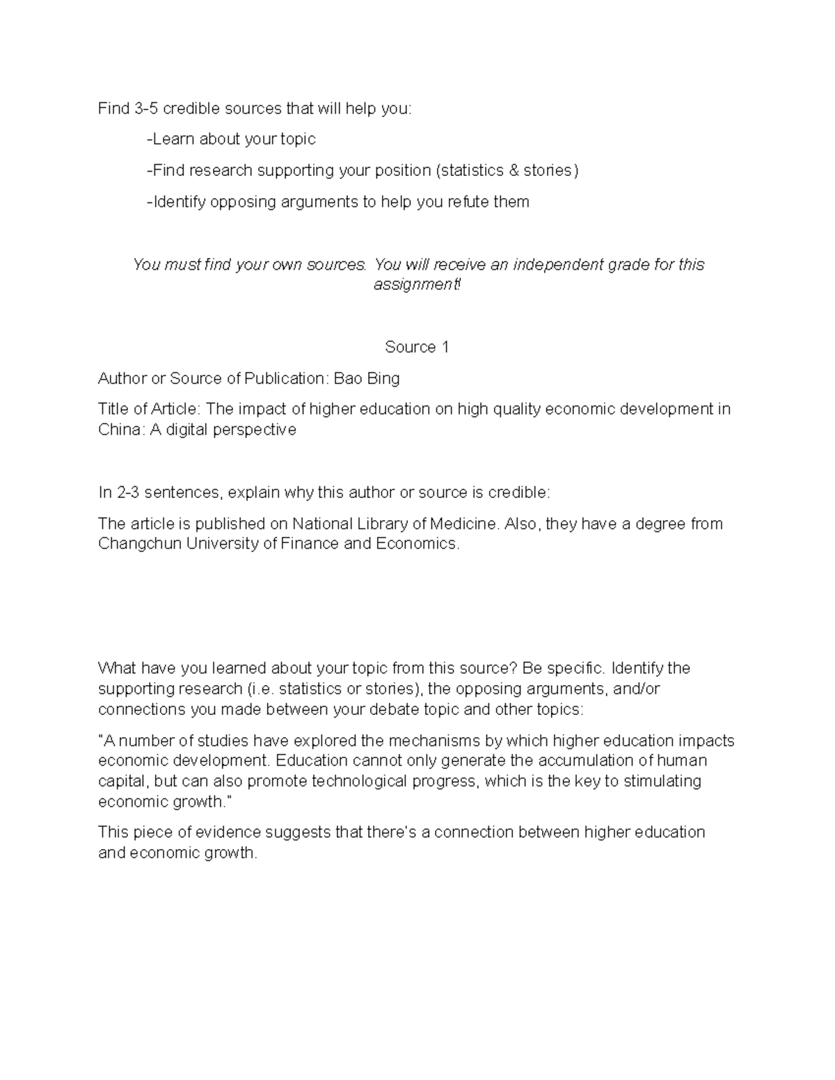 Research Sources Assignment - Find 3-5 credible sources that will help ...