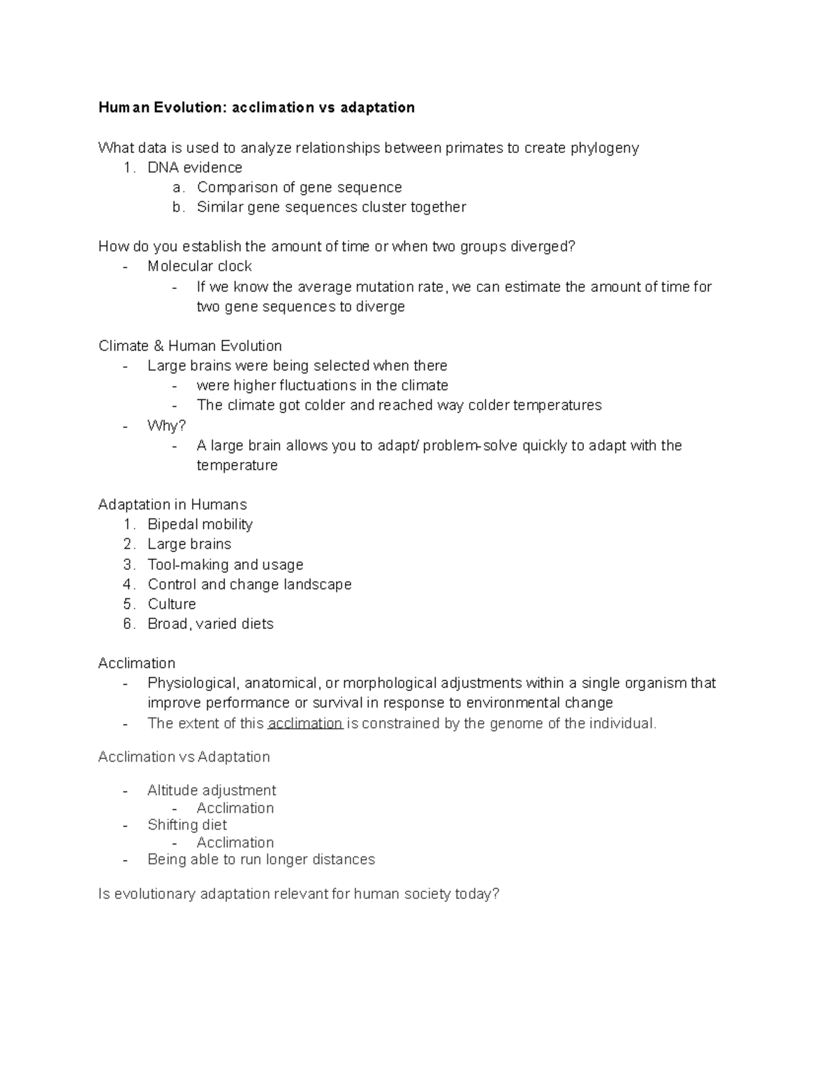 Human Evolution acclimation vs adaptation - DNA evidence a. Comparison ...