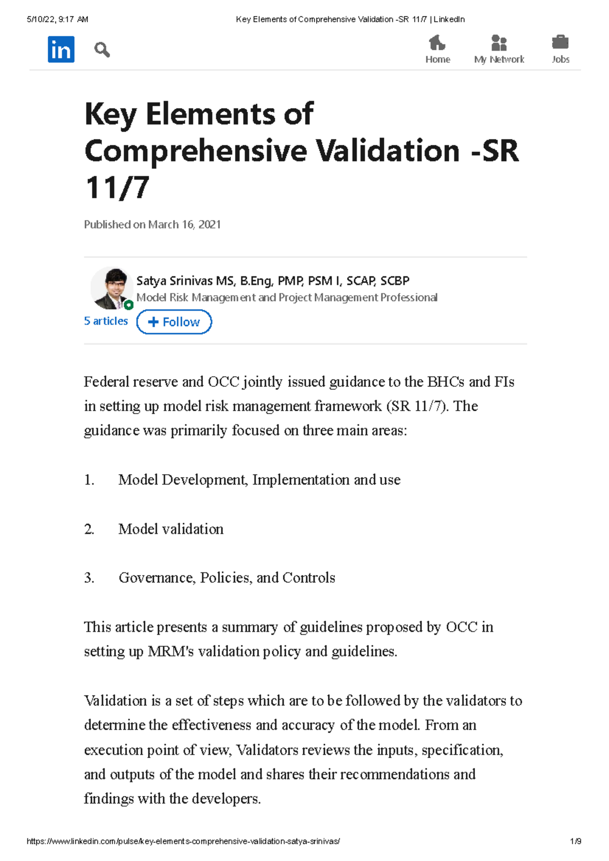 Key Elements of Comprehensive Validation -SR 11 7 Linked In - Key ...