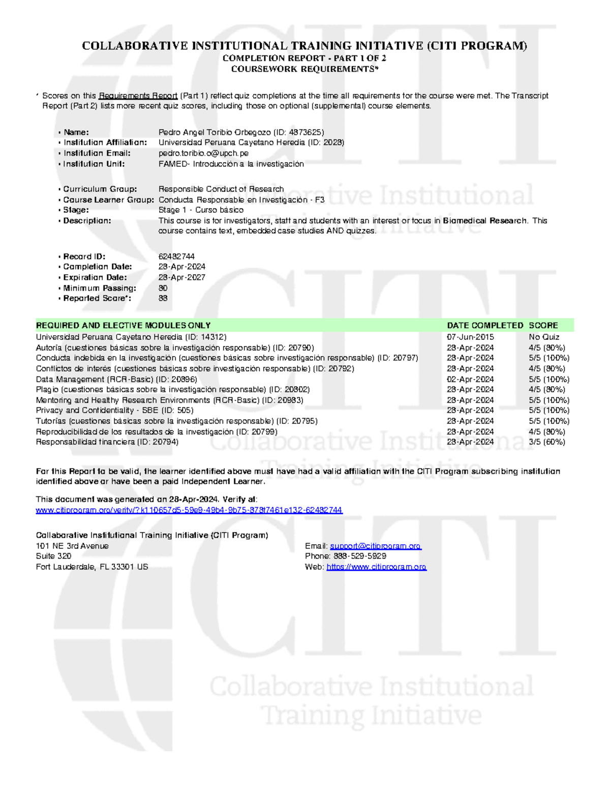 CRI 213967 Toribio Orbegozo - COLLABORATIVE INSTITUTIONAL TRAINING ...