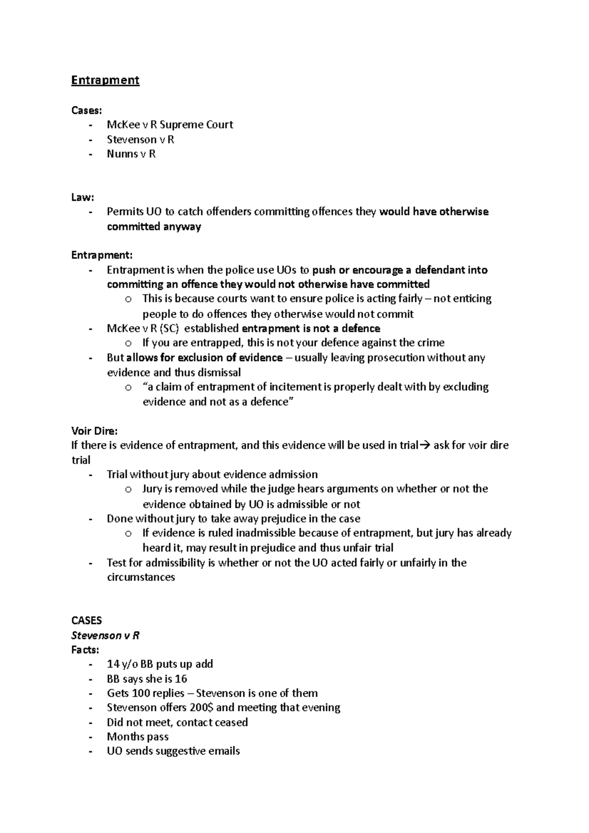 Entrapment and Confessions summary - Entrapment Cases: - McKee v R ...