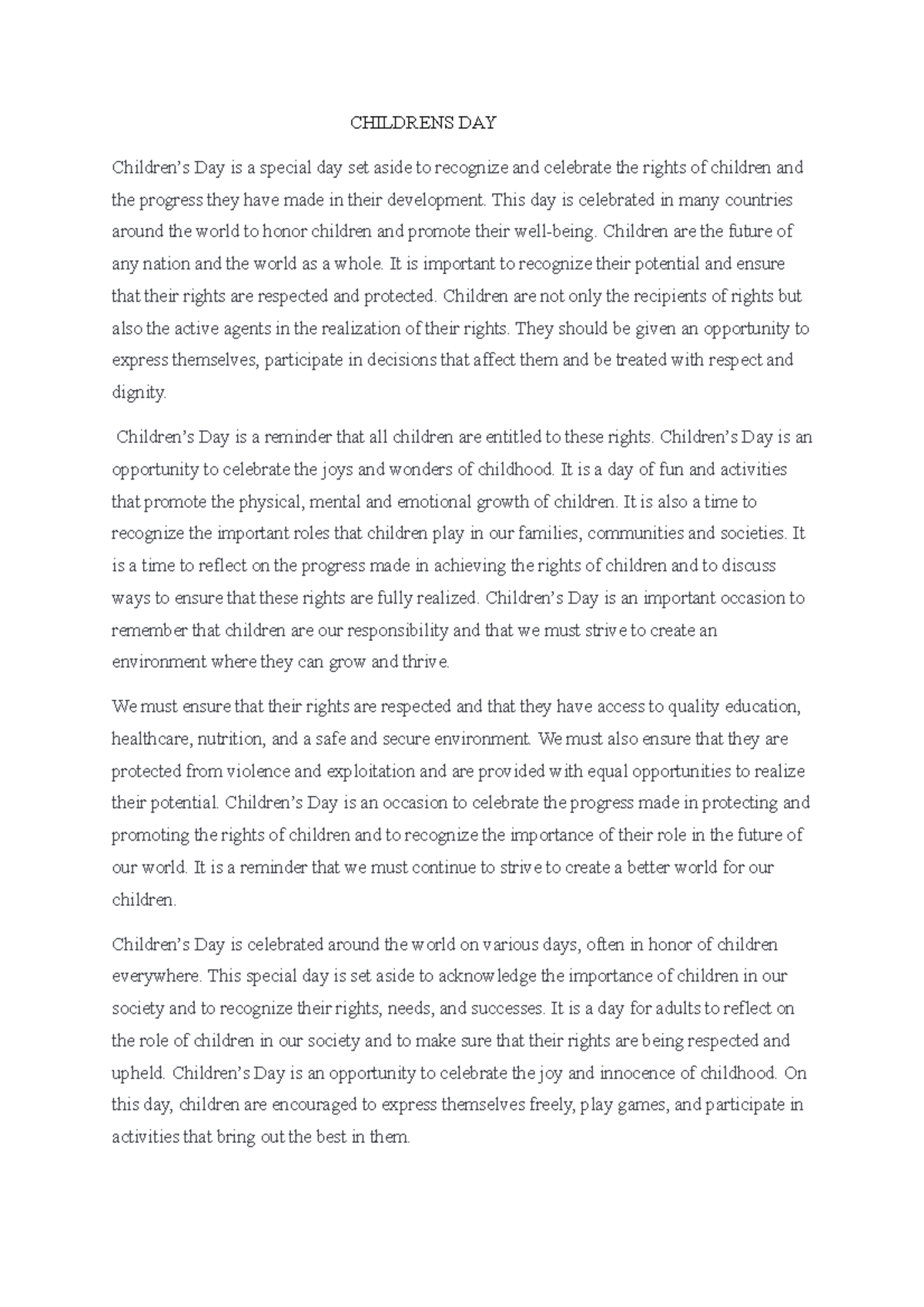 Childrens DAY - CHILDRENS DAY Children’s Day is a special day set aside ...