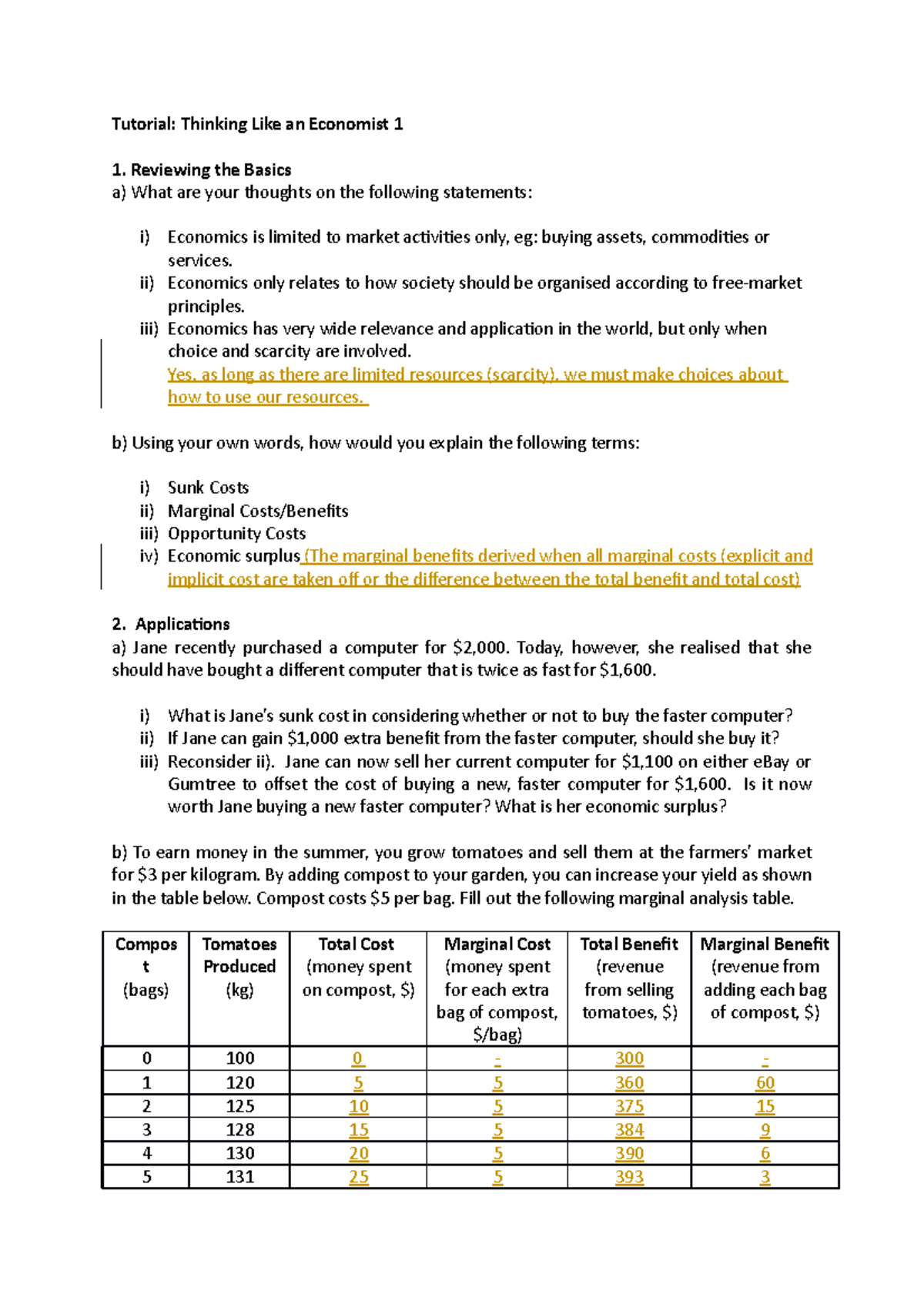 Tutorial 1- thinking like an economist - Tutorial: Thinking Like an ...