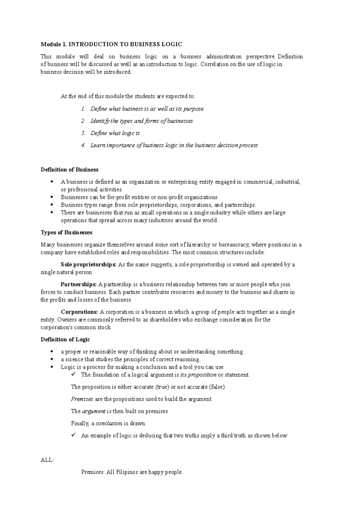 Module-1 - no need - Module 1. INTRODUCTION TO BUSINESS LOGIC This ...