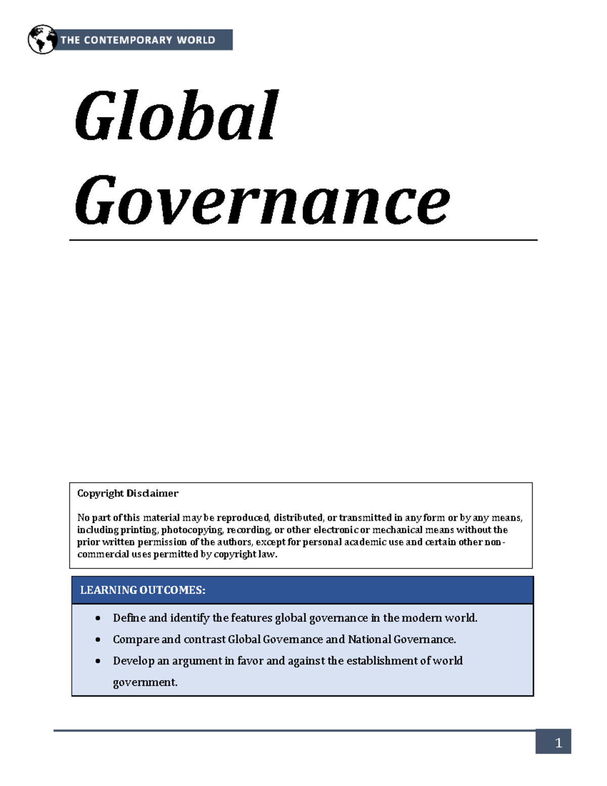 TCW- Lesson-5 - fgfg - Global Governance LEARNING OUTCOMES: Define and ...