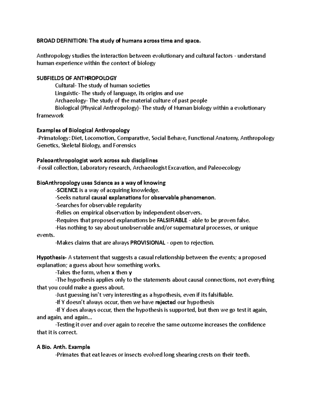 Antro notes 1 - Basic definitions and knowledge of Anthropology - BROAD ...