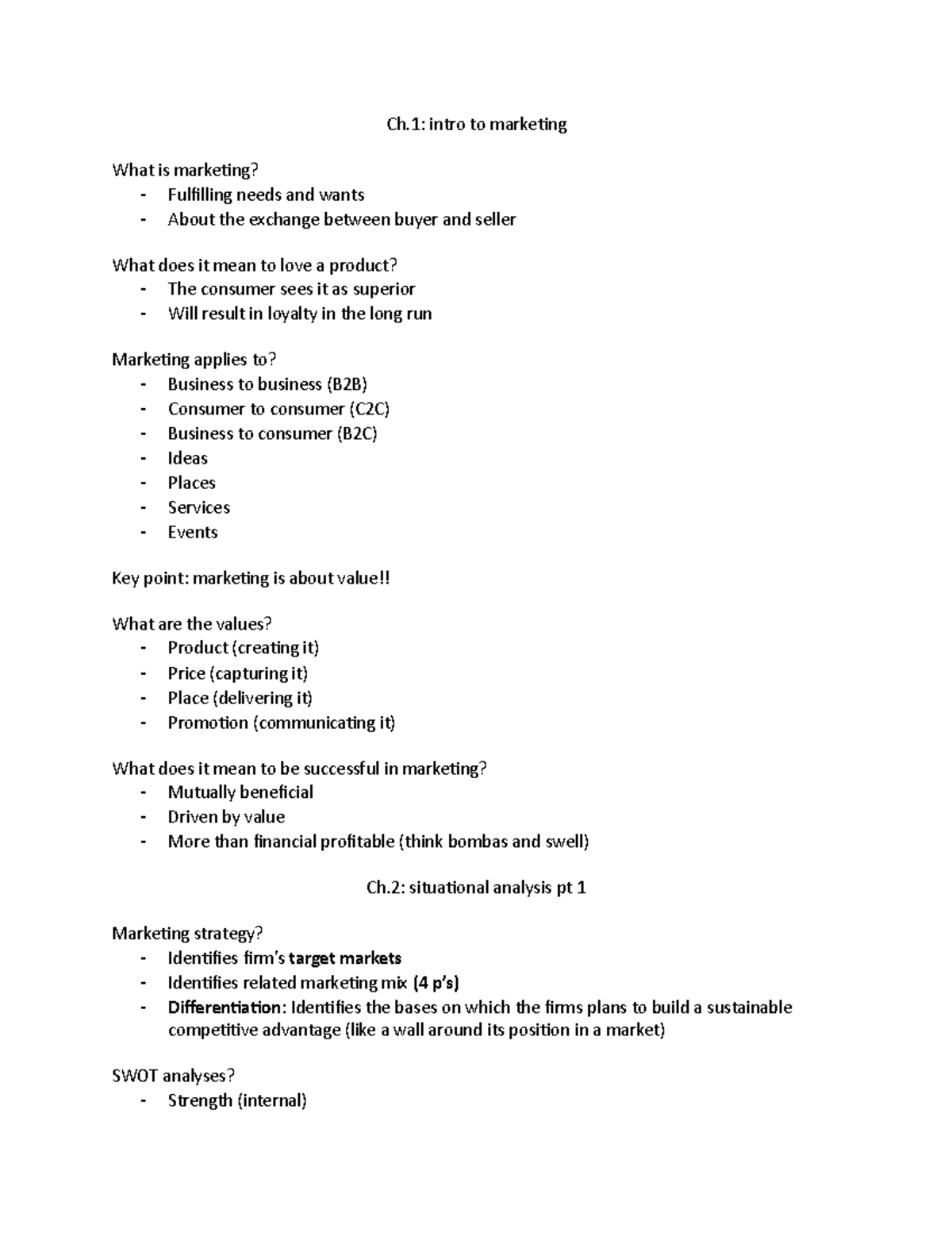 Comm 296 Marketing Notes - Ch: intro to marketing What is marketing ...