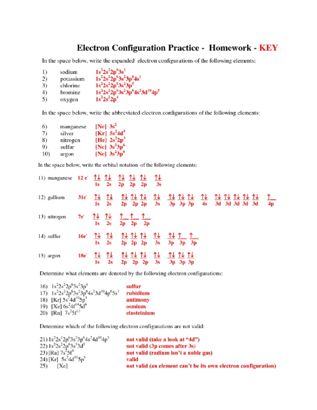 Electron Configuration Work Sheet With Answers - Electron Configuration Practice Homework KEY In ...