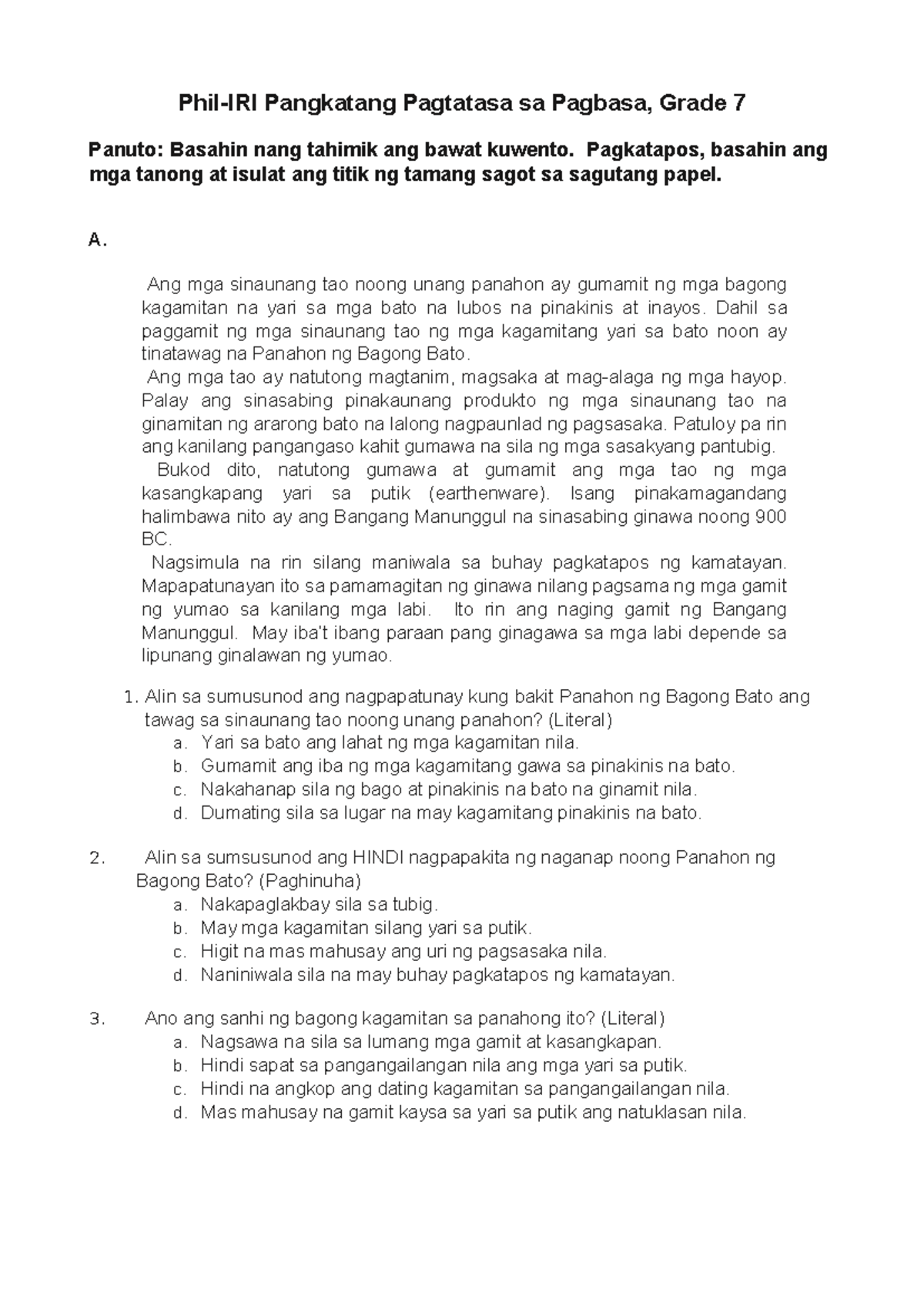 Phil IRI GST Grade 7 10 Filipino 2 - Phil-IRI Pangkatang Pagtatasa sa ...