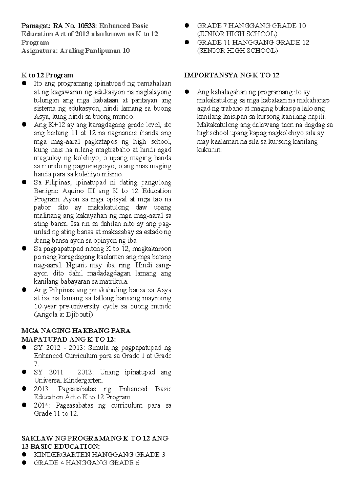 K12 - Pamagat: RA No. 10533: Enhanced Basic Education Act of 2013 also ...