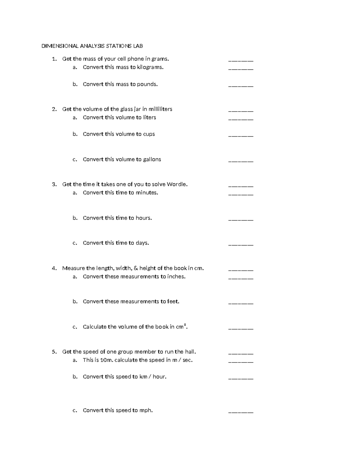 Dimensional Analysis Stations LAB - DIMENSIONAL ANALYSIS STATIONS LAB ...