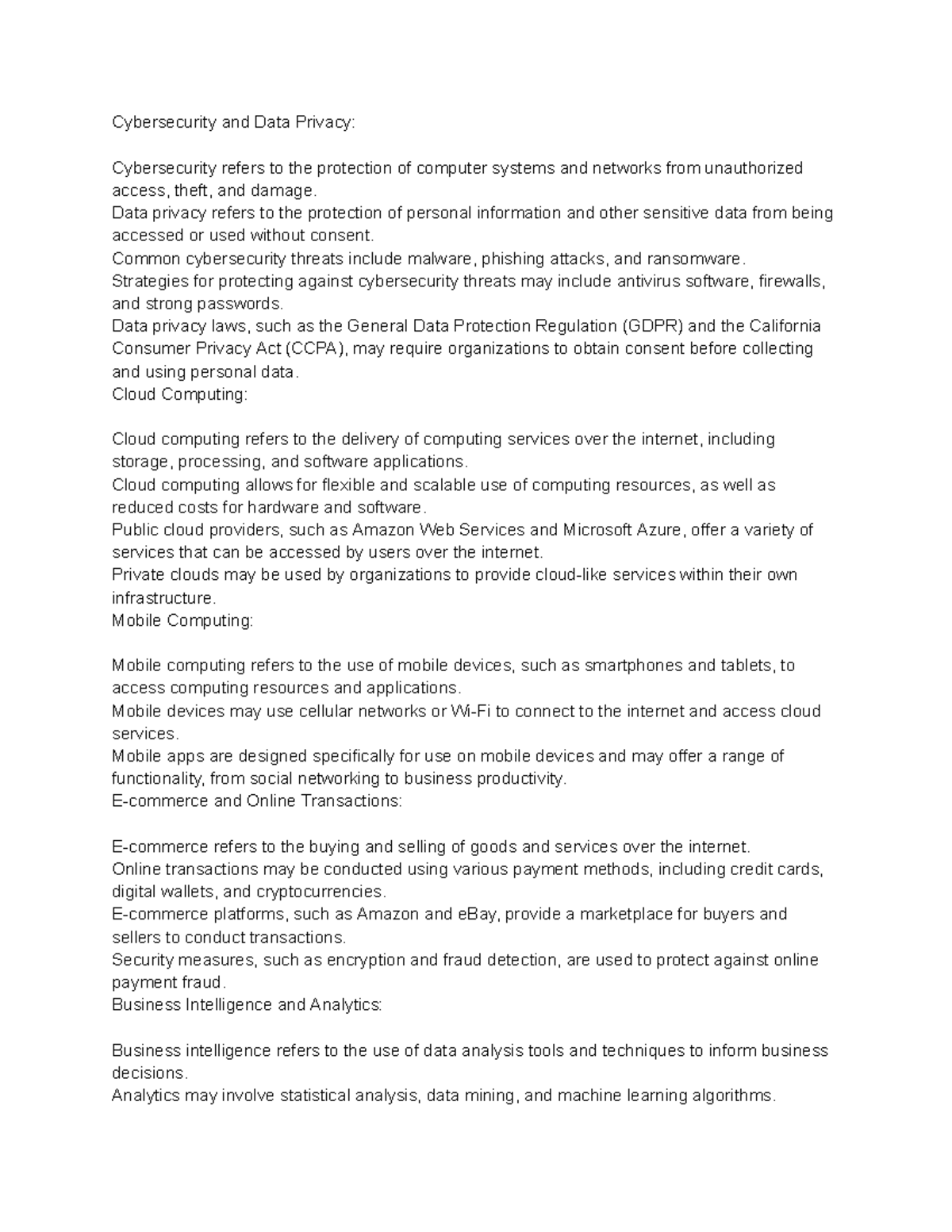 Computer Information Systems (COB 204)#2 - Cybersecurity and Data Privacy: Cybersecurity refers ...