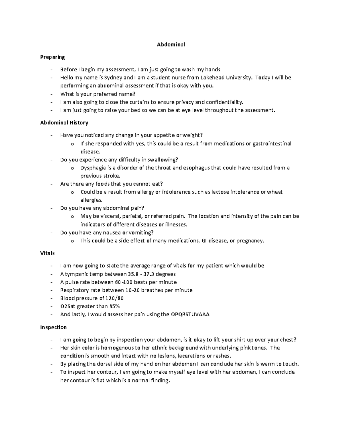 OSCE script - Abdominal Preparing - Before I begin my assessment, I am ...