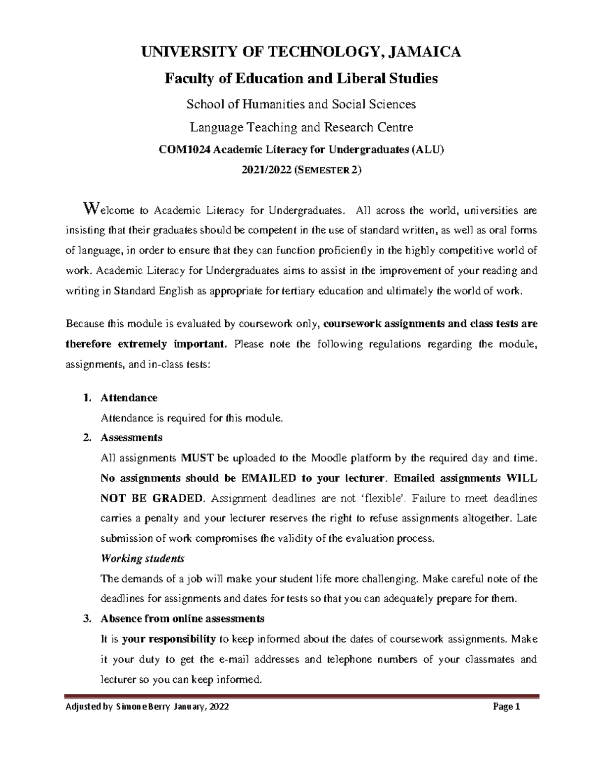 ALU outline SEM2 2021-22 - UNIVERSITY OF TECHNOLOGY, JAMAICA Faculty of ...