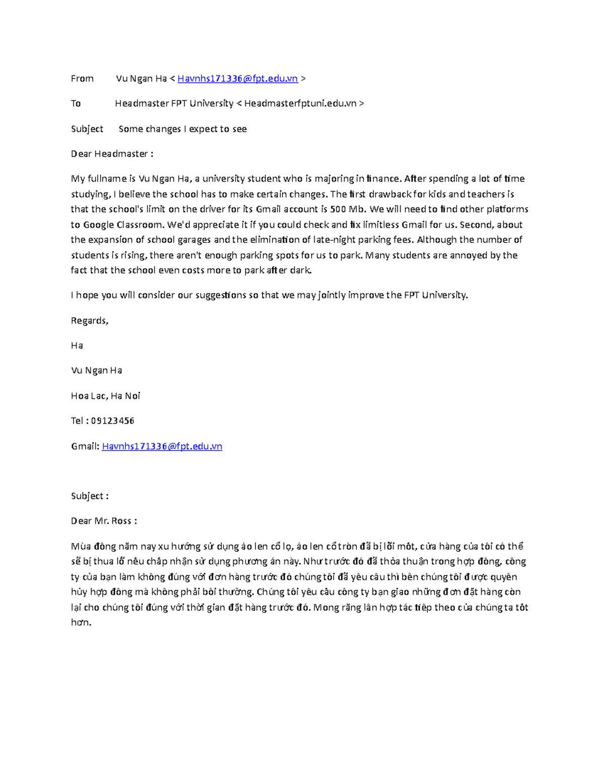 Bài gmail - writing - From Vu Ngan Ha To Headmaster FPT University ...