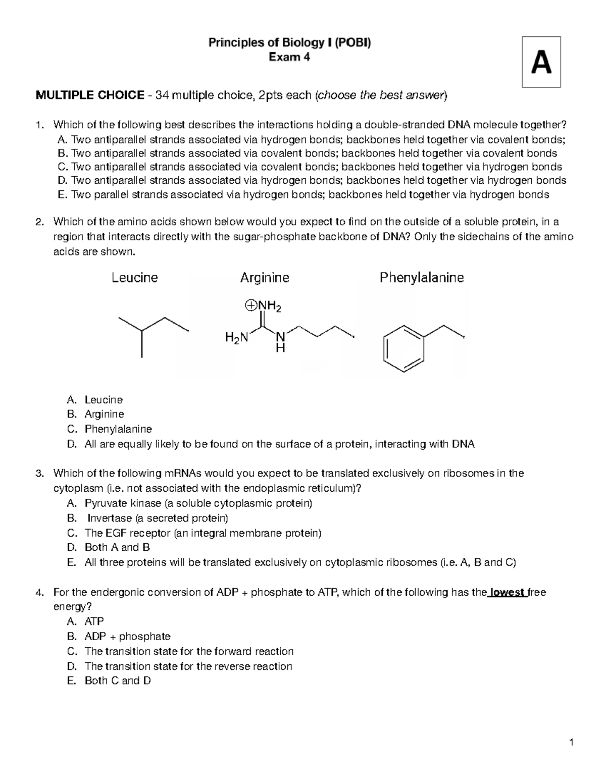 POB Exam 4A - PAPER - MULTIPLE CHOICE - 34 multiple choice, 2pts each ...