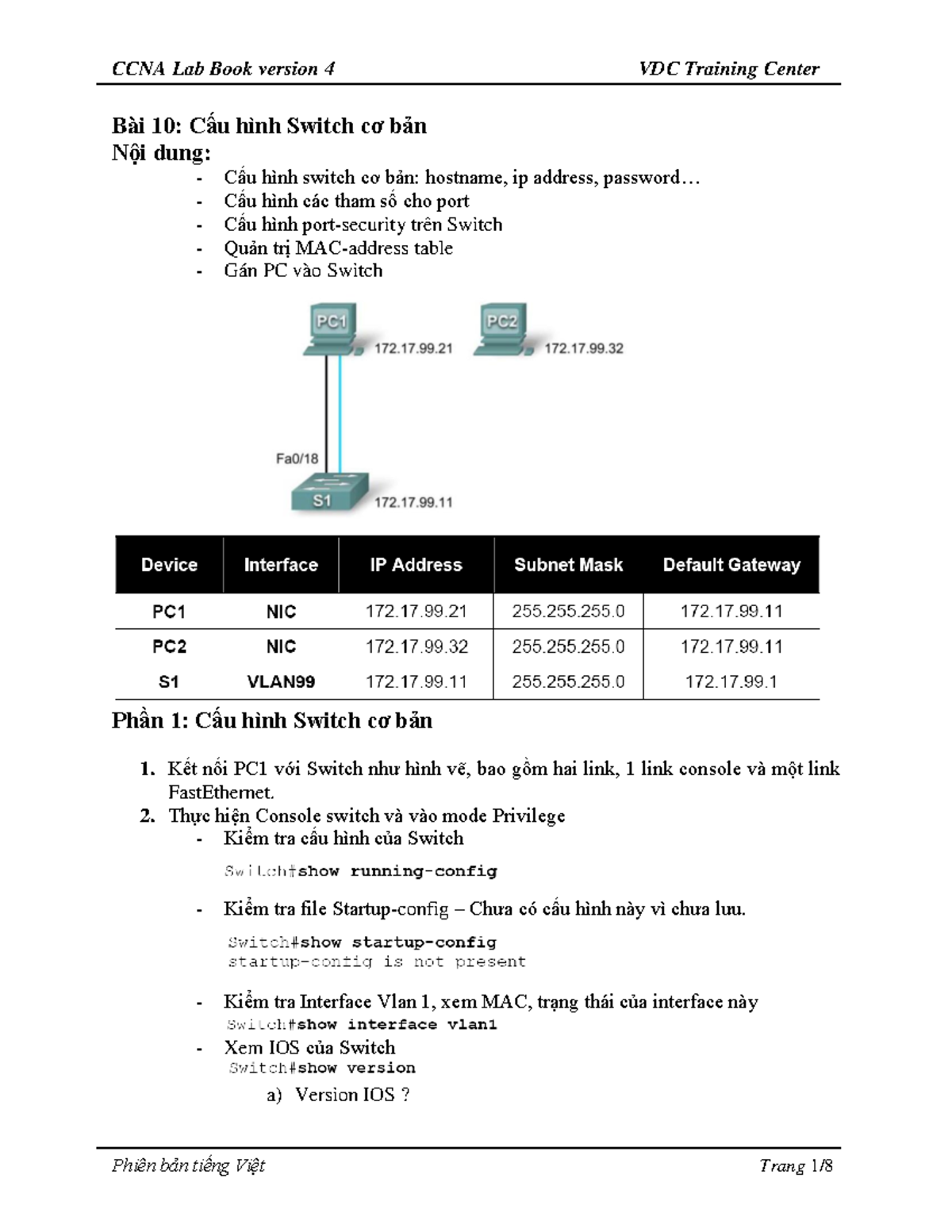 CCNA Lab Books - Basic Switch Port-security - Bài 10: Cấu hình Switch cơ bản Nội dung: Cấu hình ...