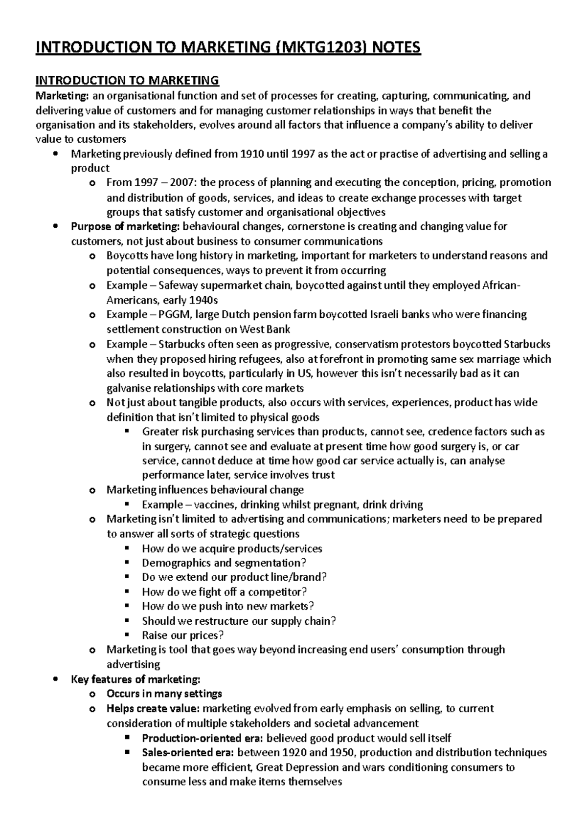 Introduction to marketing (MKTG1203) notes - INTRODUCTION TO MARKETING ...