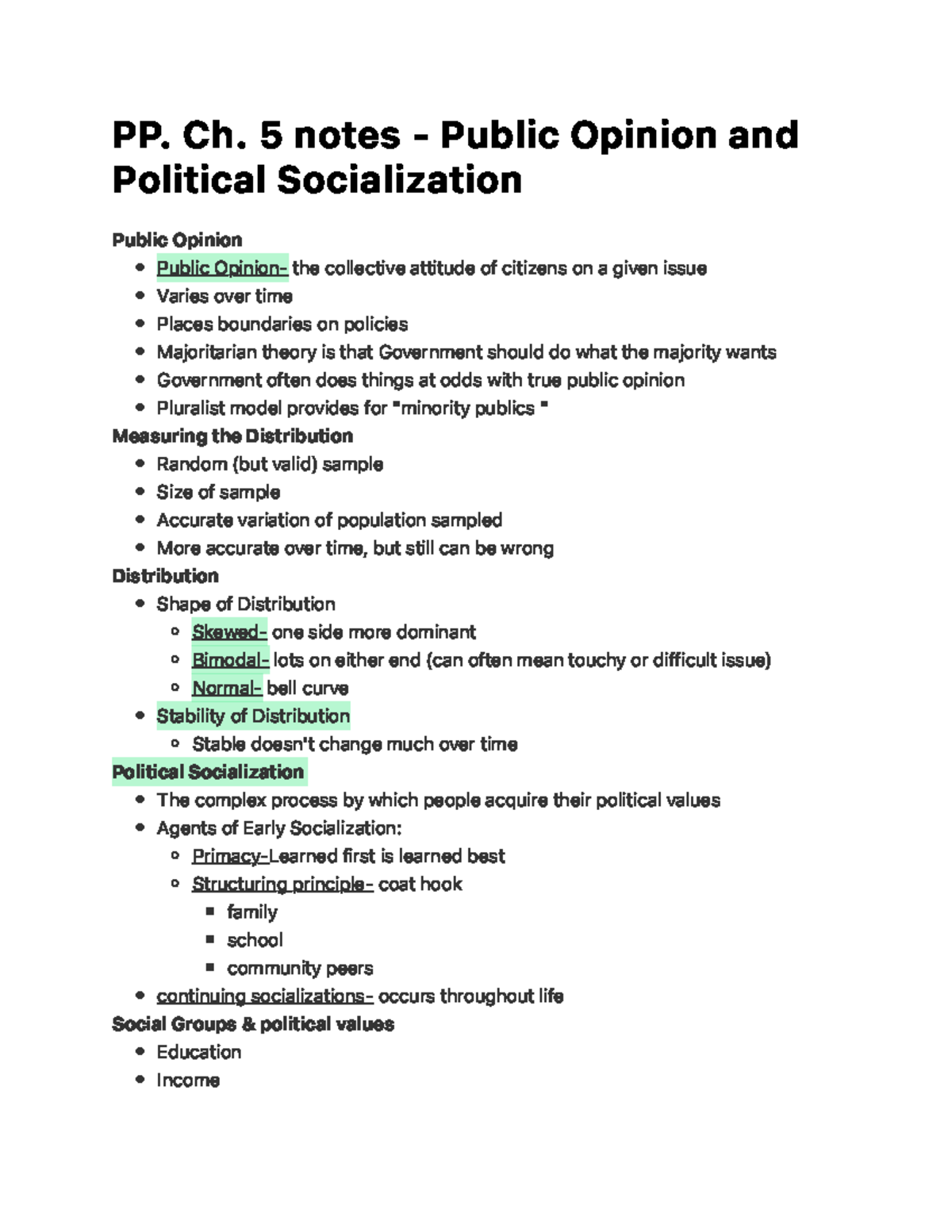 PP. Ch. 5 notes - Public Opinion and Political Socialization - P P. C h ...
