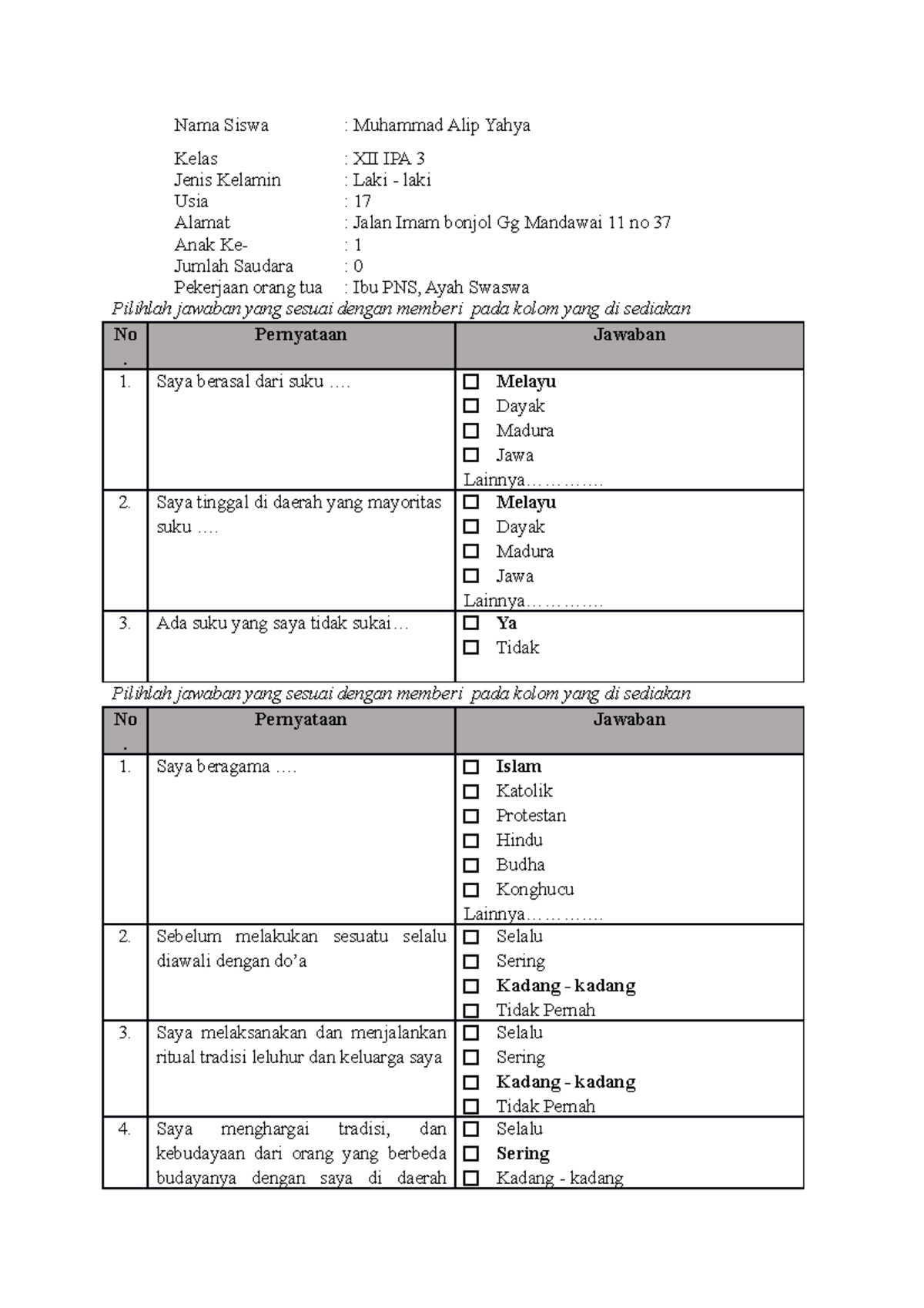Profiling SIswa Model siswa 1 - Nama Siswa : Muhammad Alip Yahya Kelas ...