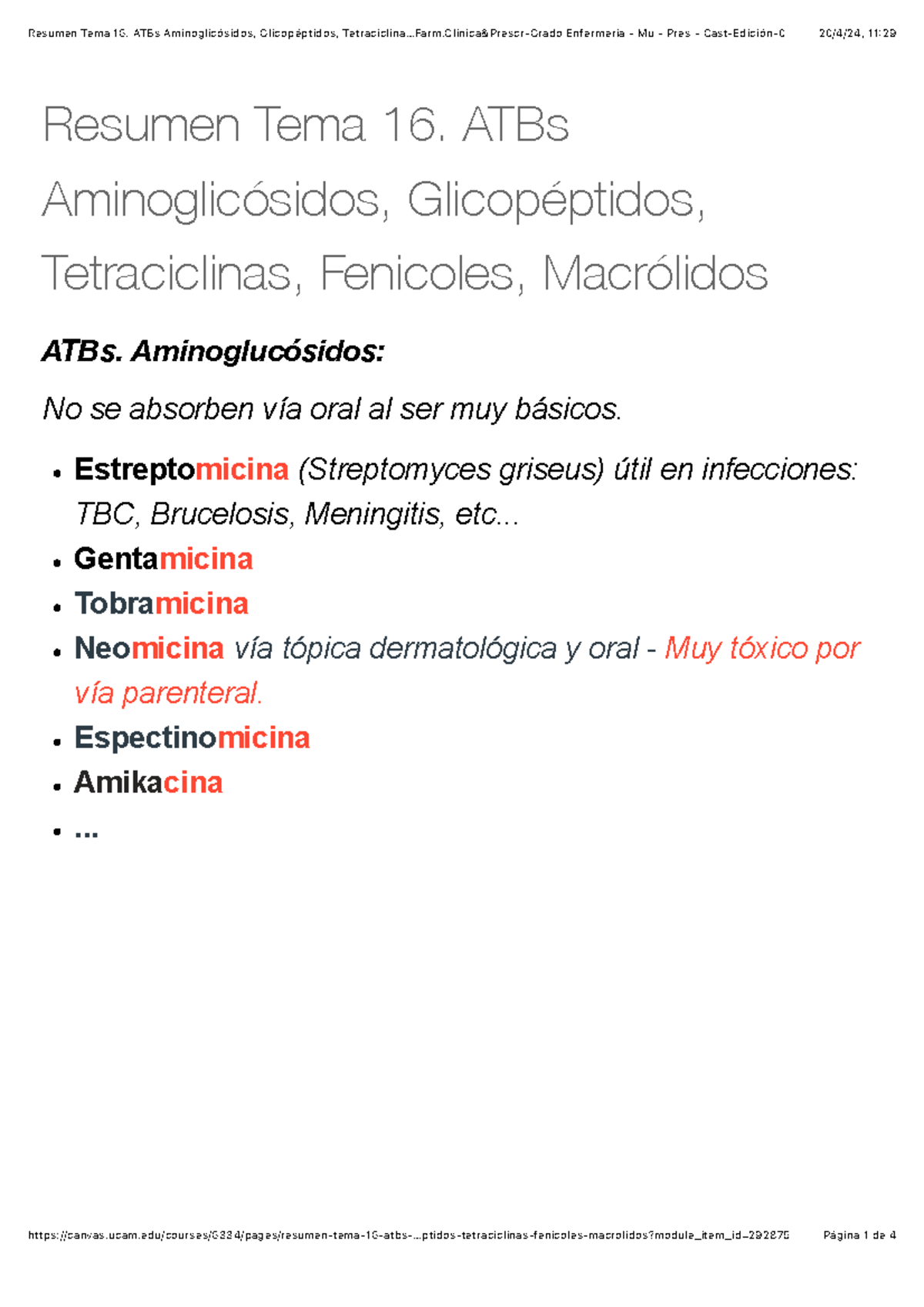 Resumen Tema 16. ATBs Aminoglicósidos, Glicopéptidos, Tetraciclinas ...
